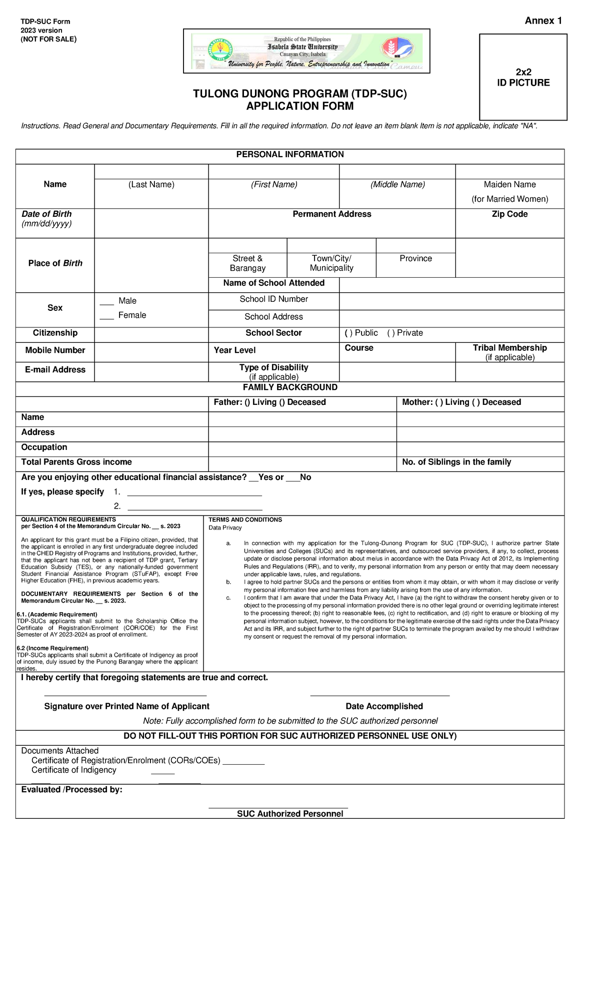 Annex-1-TDP-Application-Form-1 ONE TIME Grant - TDP-SUC Form Annex 1 ...