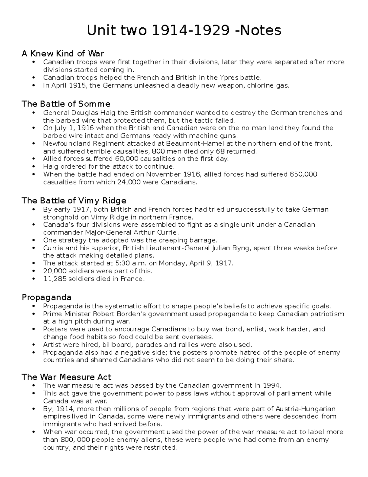 History Unit Two Notes - Unit two 1914-1929 -Notes A Knew Kind of War ...
