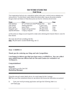 Mail Merge Excercise May 2023 - MS WORD EXERCISE Mail Merge Your ...