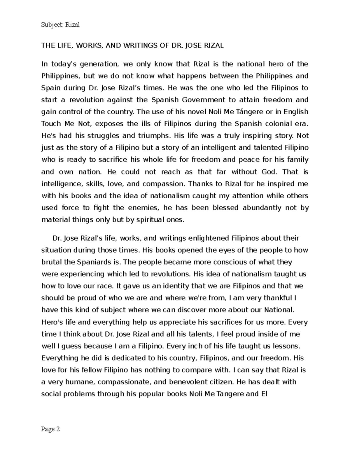 THE LIFE DR. JOSE Rizal - Subject: Rizal THE LIFE, WORKS, AND WRITINGS ...