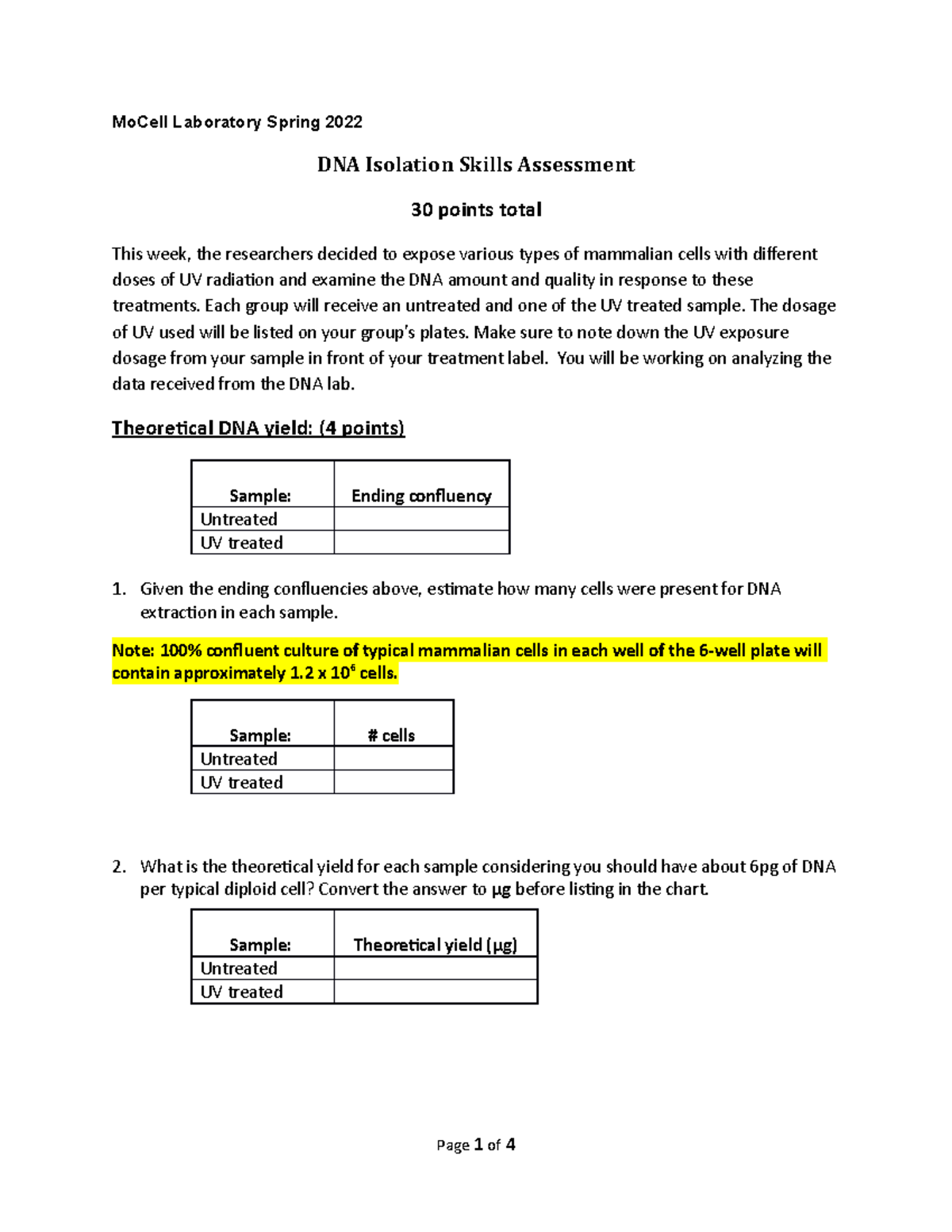 DNA Analysis Assessment-Spring 2022 - MoCell Laboratory Spring 2022 DNA ...