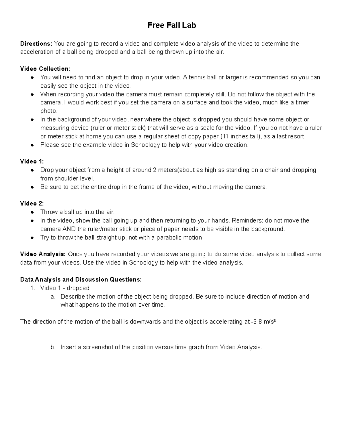 Free fall lab - kjnkj,m - Free Fall Lab Directions: You are going to ...