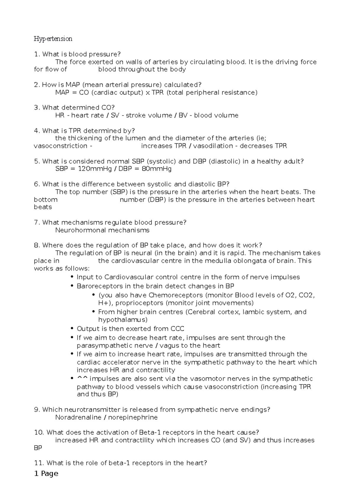 Cardiovascular notes - Hypertension 1. What is blood pressure? The ...