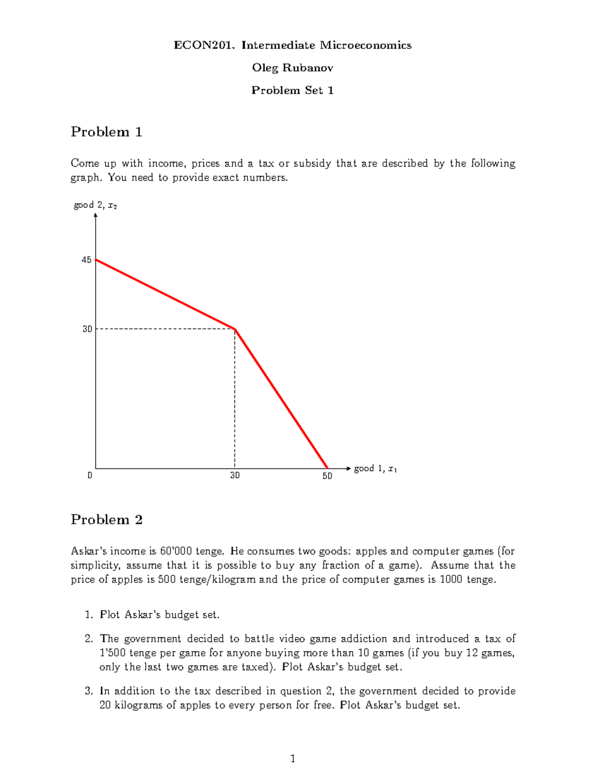 Problem Set 1 Fall 20201 - ECON201. Intermediate Microeconomics Oleg Rubanov Problem Set 1 ...