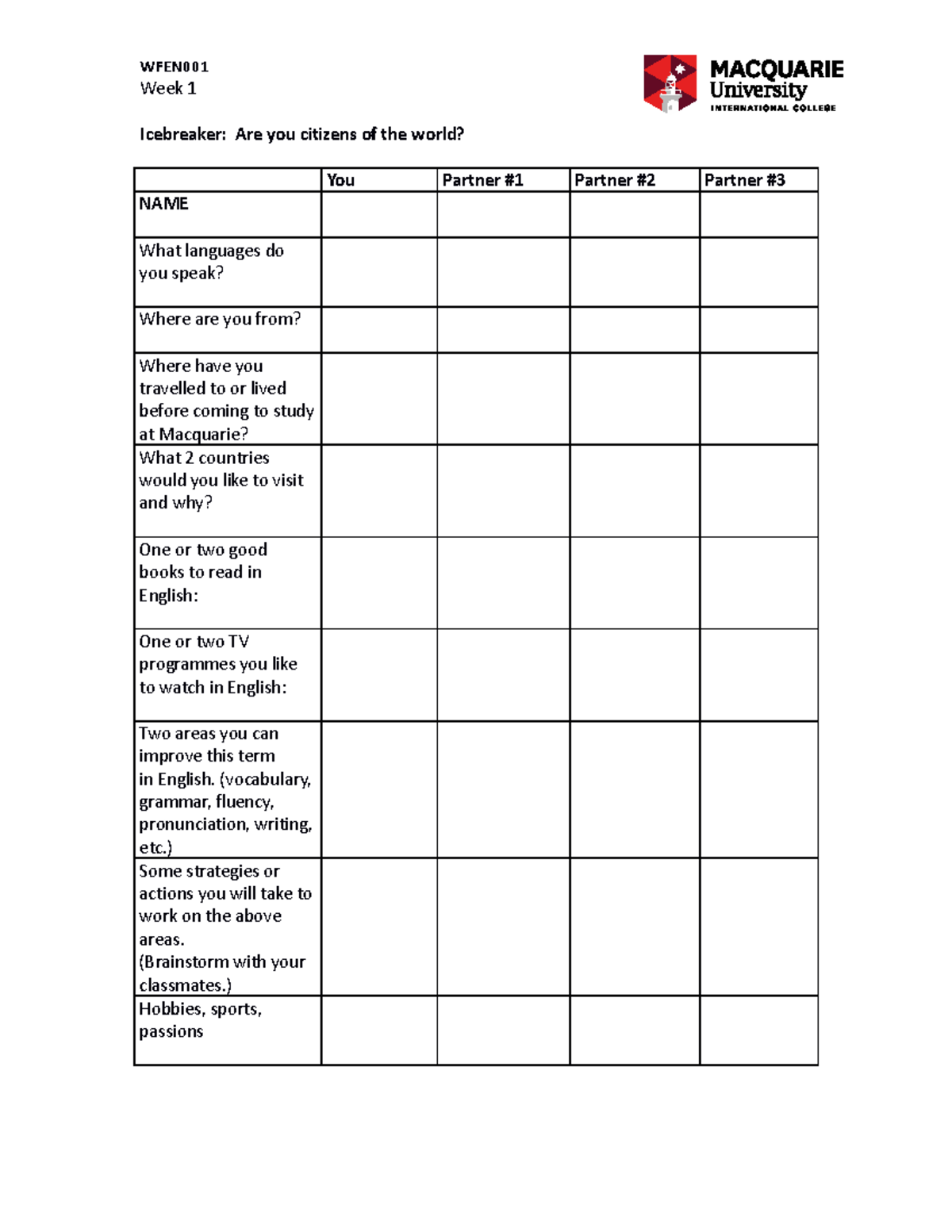 W1 L1 Icebreaker - practical notes - WFEN Week 1 Icebreaker: Are you ...