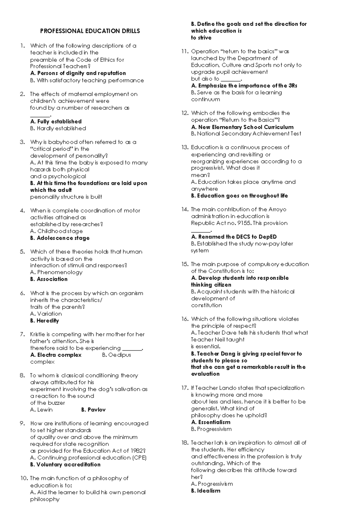 Freebie 5 Prof Ed - non - PROFESSIONAL EDUCATION DRILLS Which of the ...