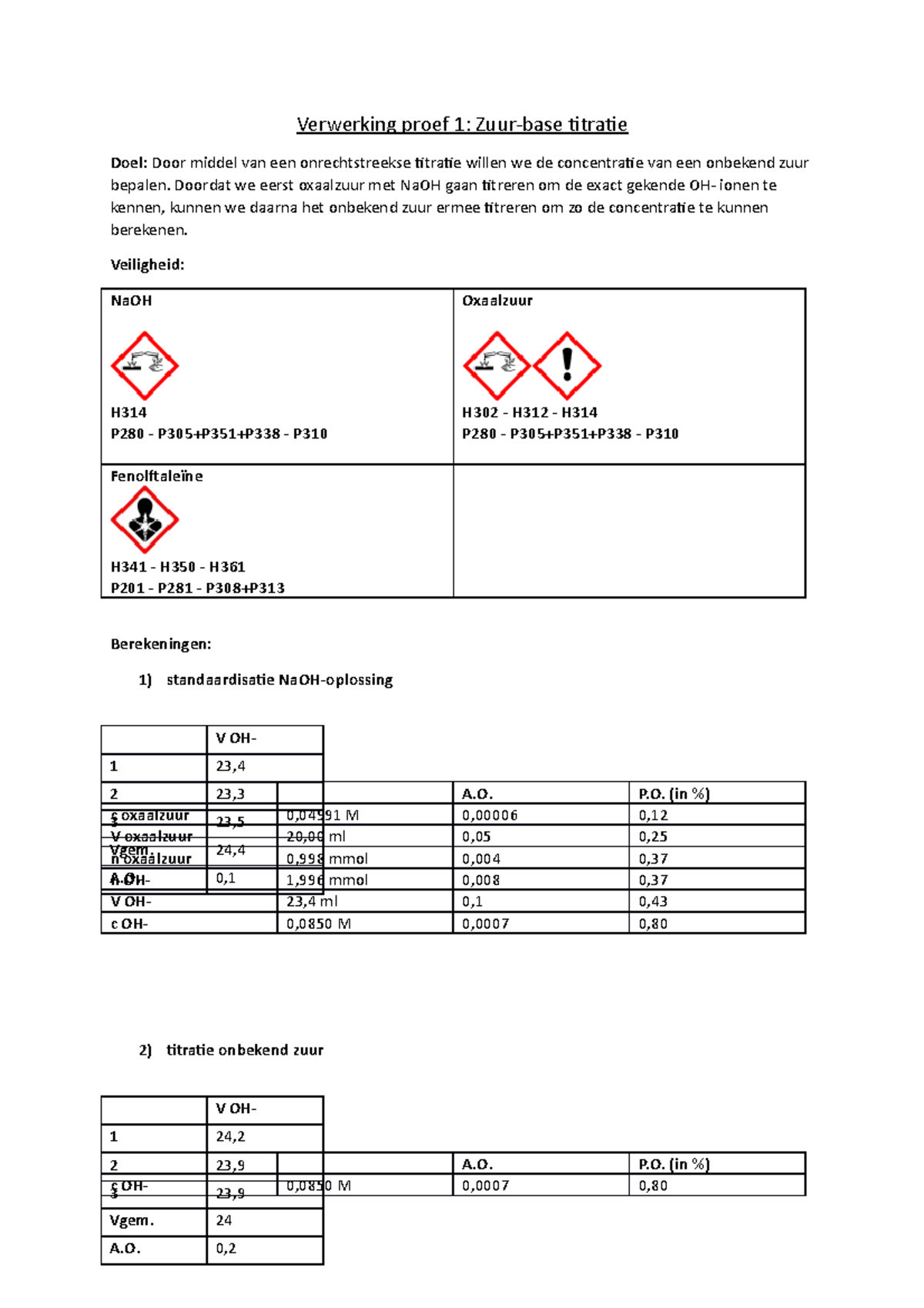 Verwerking proef 1 - Doordat we eerst oxaalzuur met NaOH gaan titreren ...