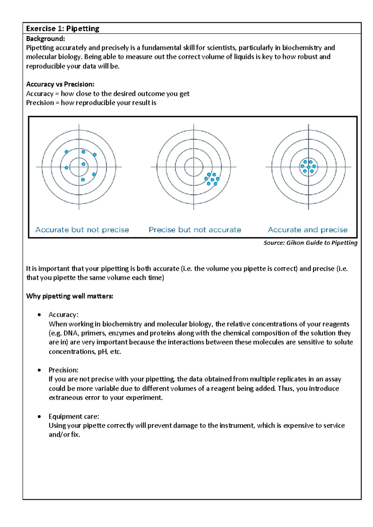 Pipetting Exercise PDF - Exercise 1: Pipetting Background: Pipetting accurately and precisely is ...