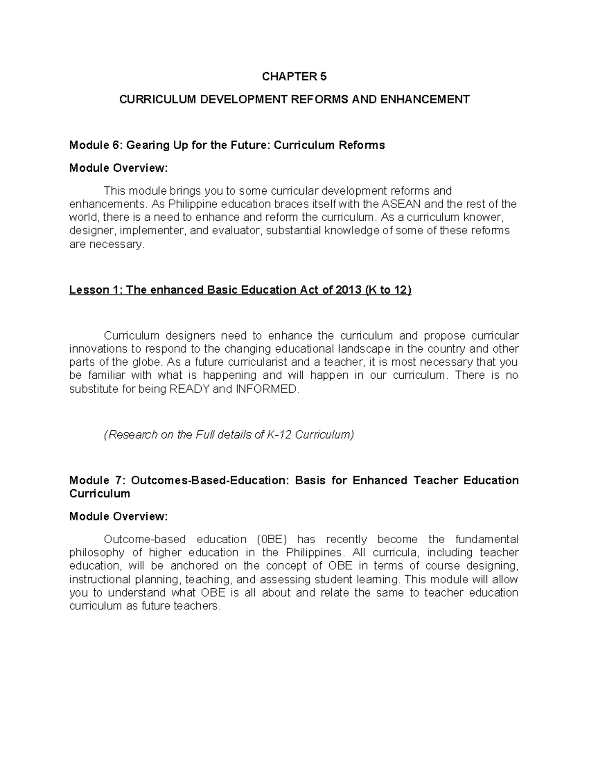 Chapter-5-Modules-6-8 - CHAPTER 5 CURRICULUM DEVELOPMENT REFORMS AND ...