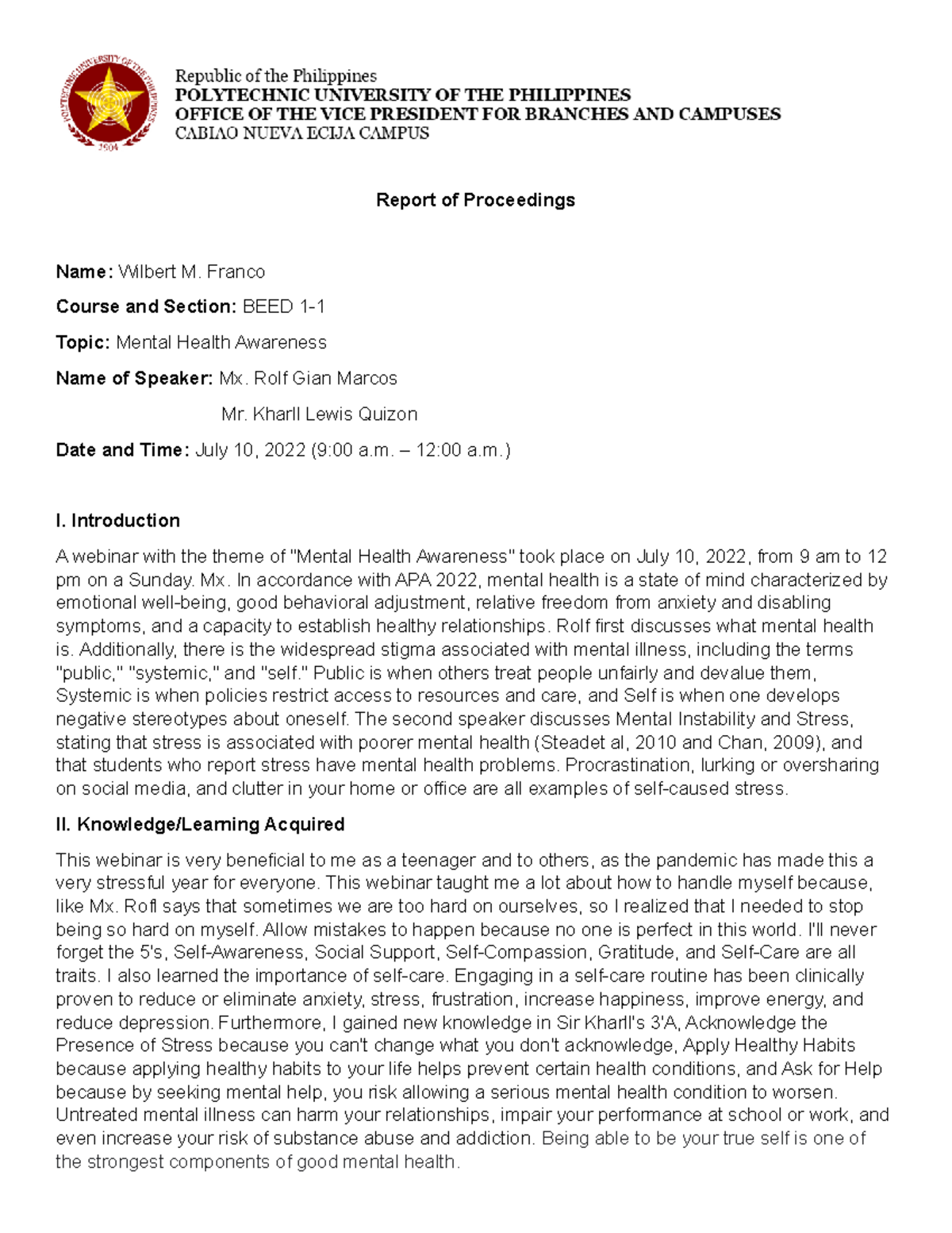 4th webinar - Report of Proceedings Name: Wilbert M. Franco Course and ...