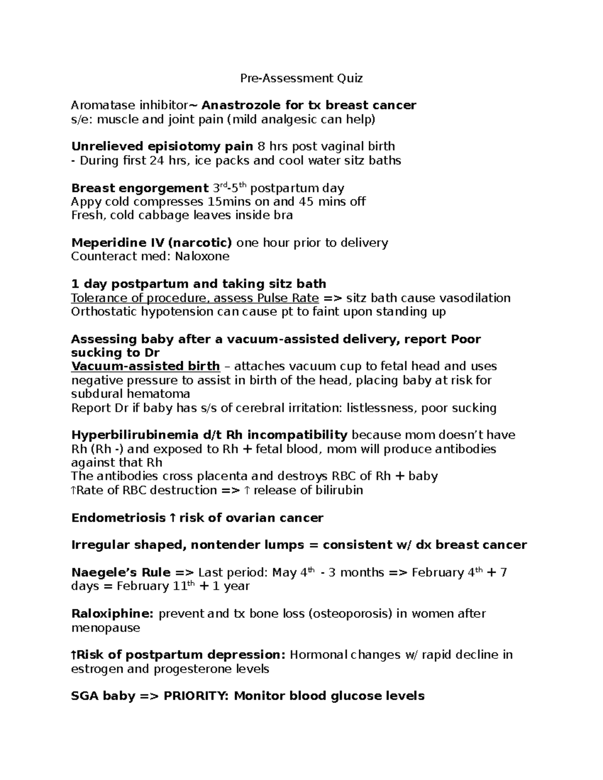 Pre- Assessment Quiz Mom Baby - Pre-Assessment Quiz Aromatase inhibitor ...