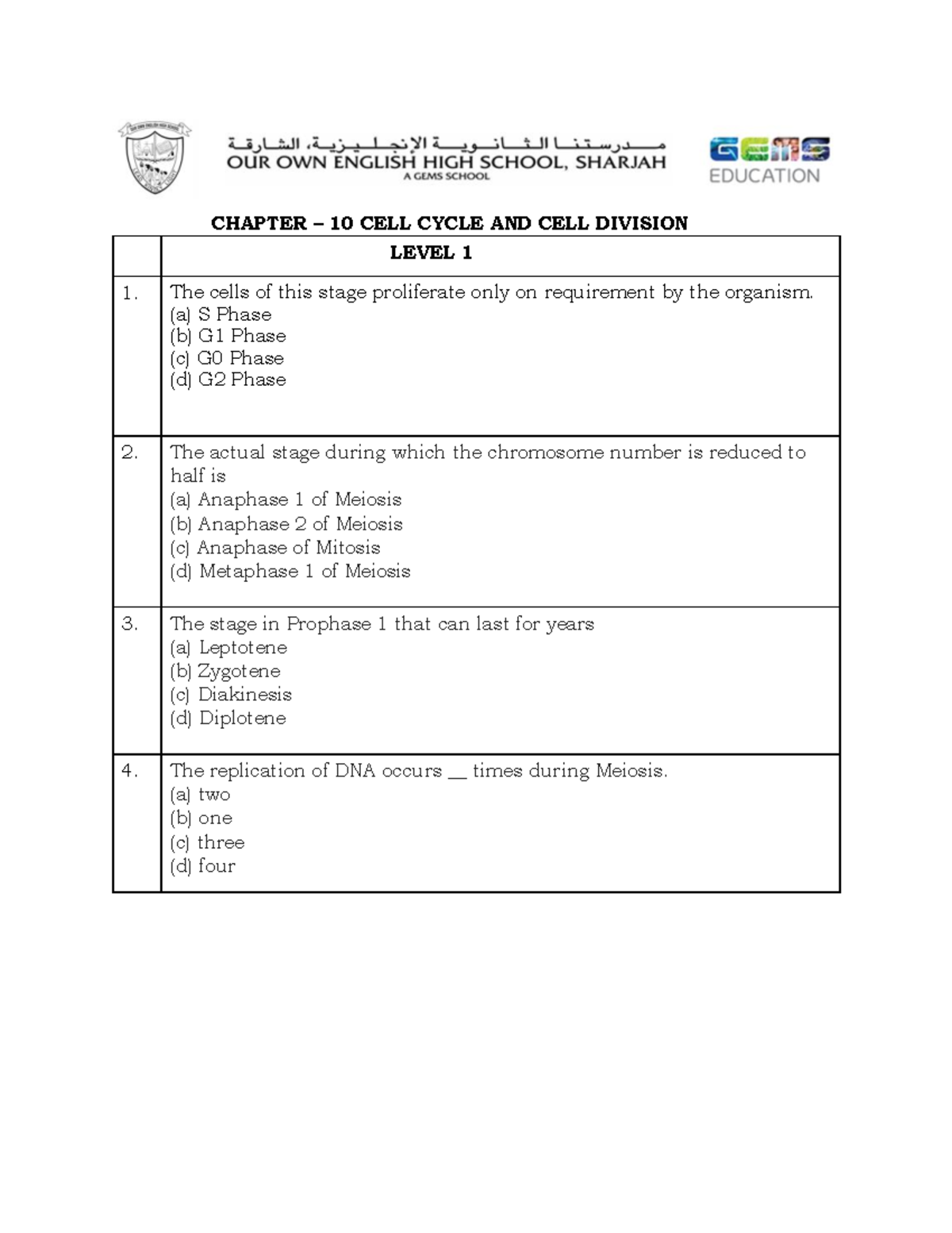 Cell Cycle and Cell Division Work sheet - CHAPTER – 10 CELL CYCLE AND ...