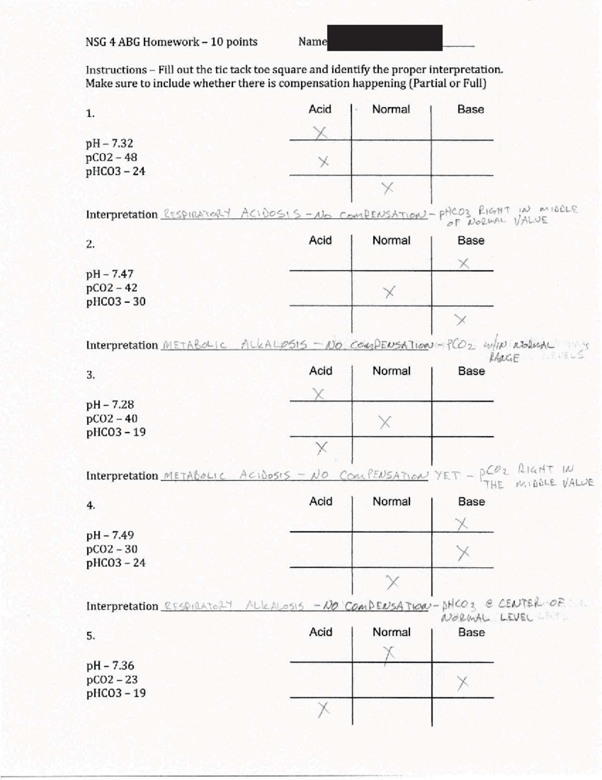 ABG Worksheet - NSG 4 ABG Homework 10 points Name Instructions Fill out ...