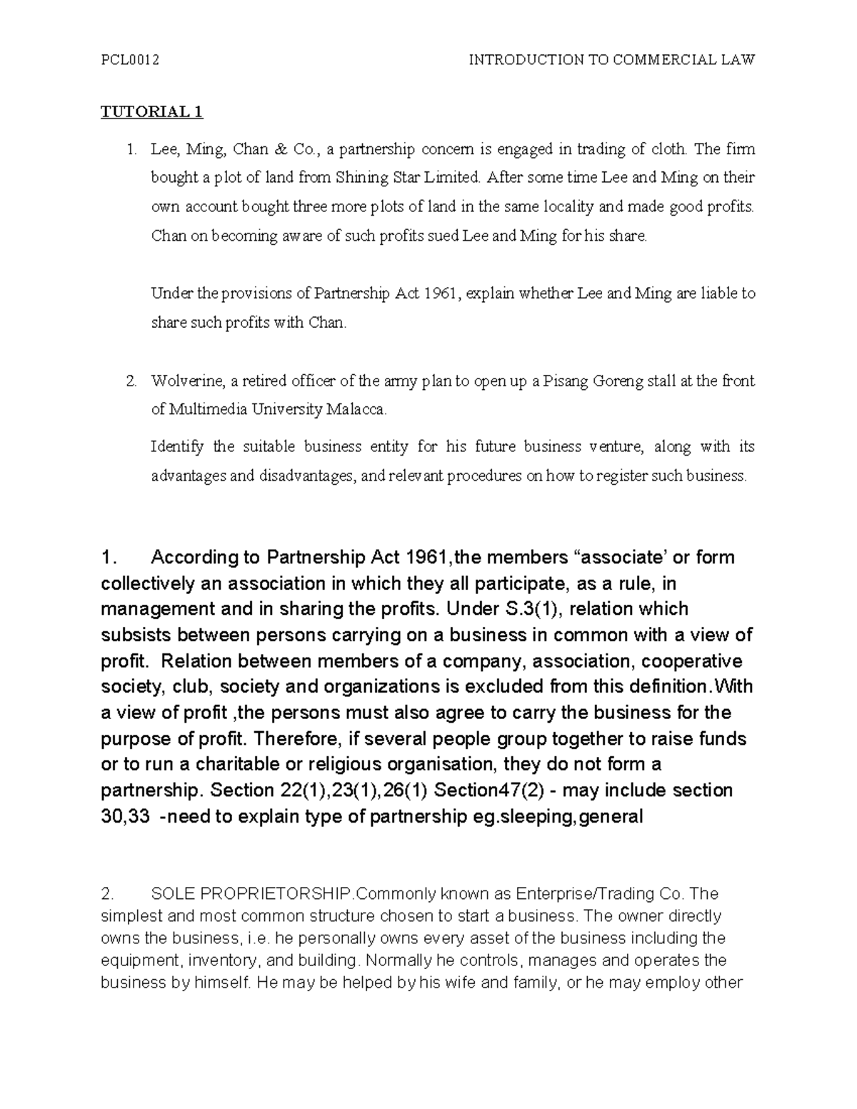 Commercial law Tutorial 1 - TUTORIAL 1 1. Lee, Ming, Chan & Co., a ...