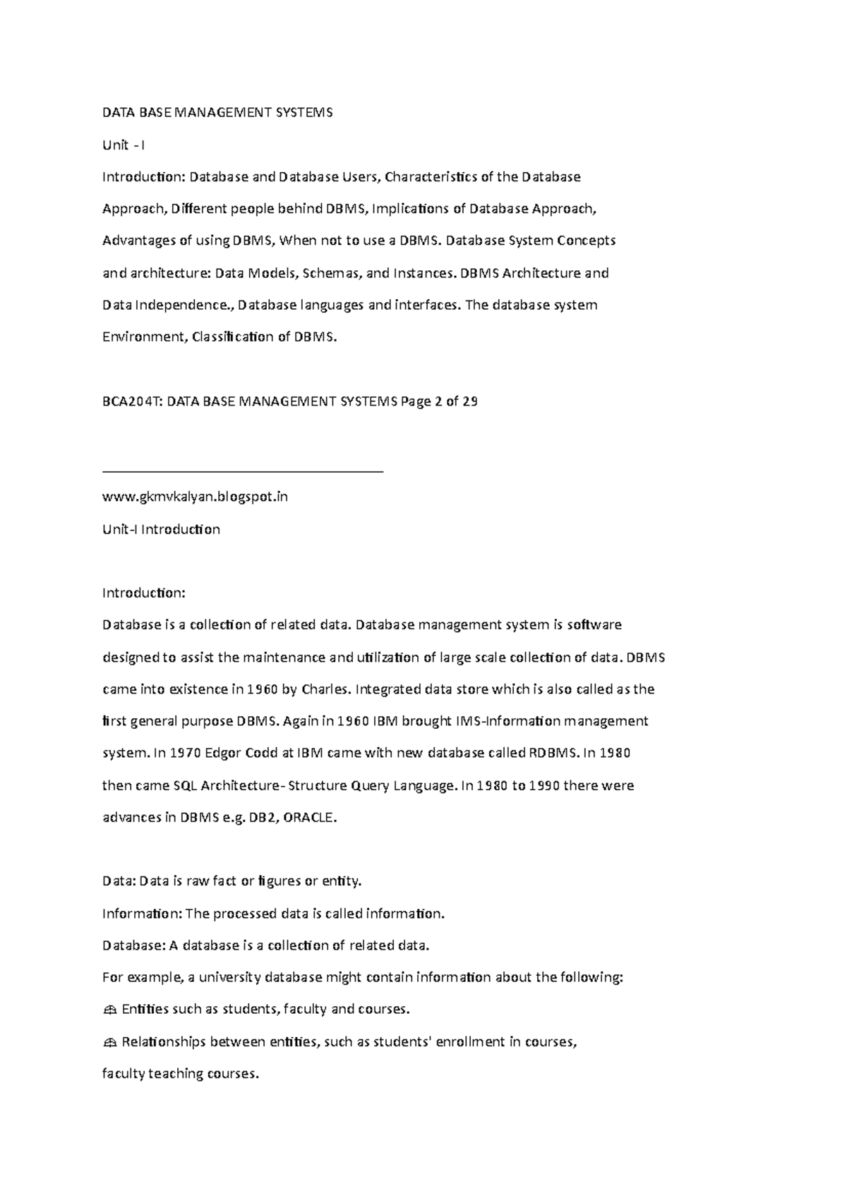 DATA BASE Management Systems - DATA BASE MANAGEMENT SYSTEMS Unit - I ...