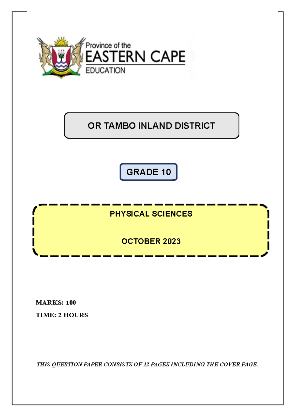 Physical Sciences Paper 1 GR 10 TERM 4-1 - MARKS: 100 TIME: 2 HOURS ...