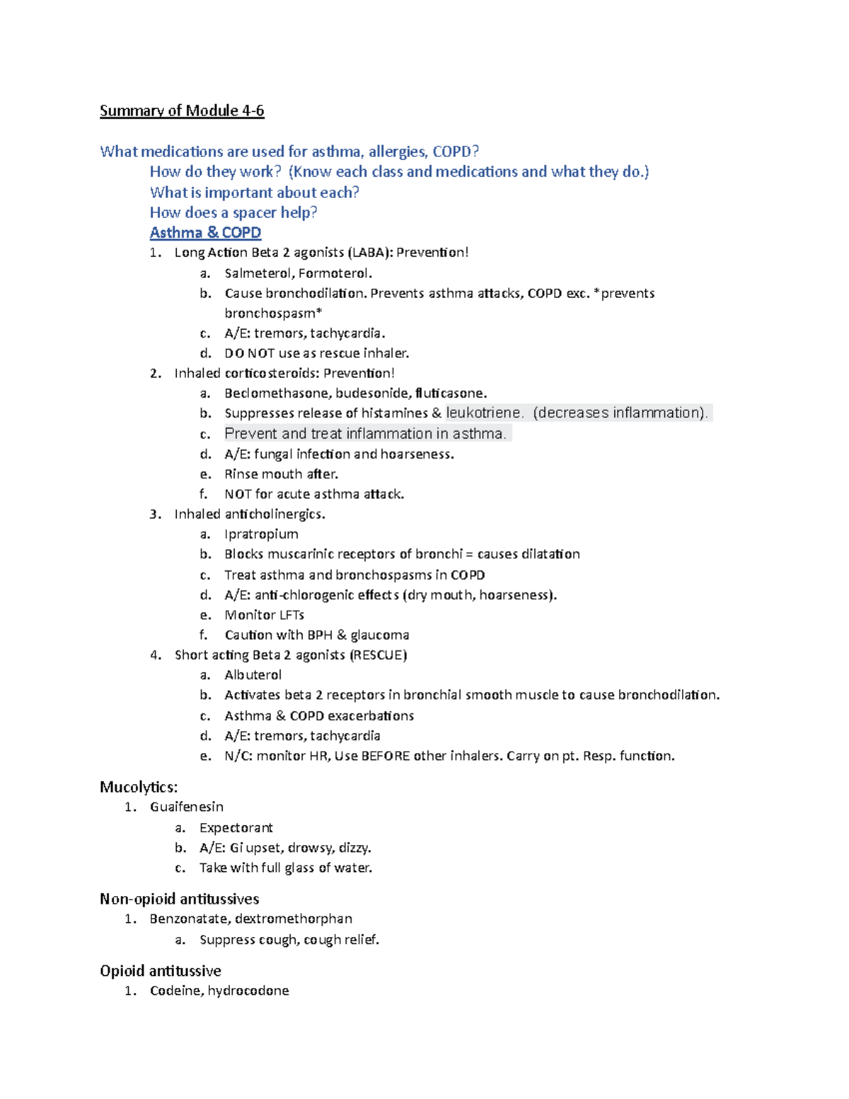 Module 4-6 Summary - Summary of Module 4- What medications are used for ...