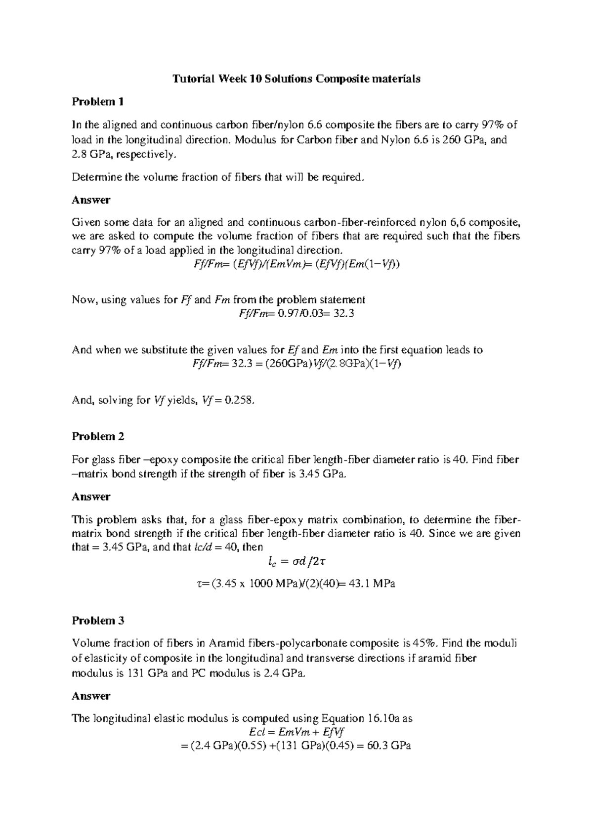 Tutorial Week 10 Solutions-Composite materials S1 2021 - Tutorial Week 10 Solutions Composite ...