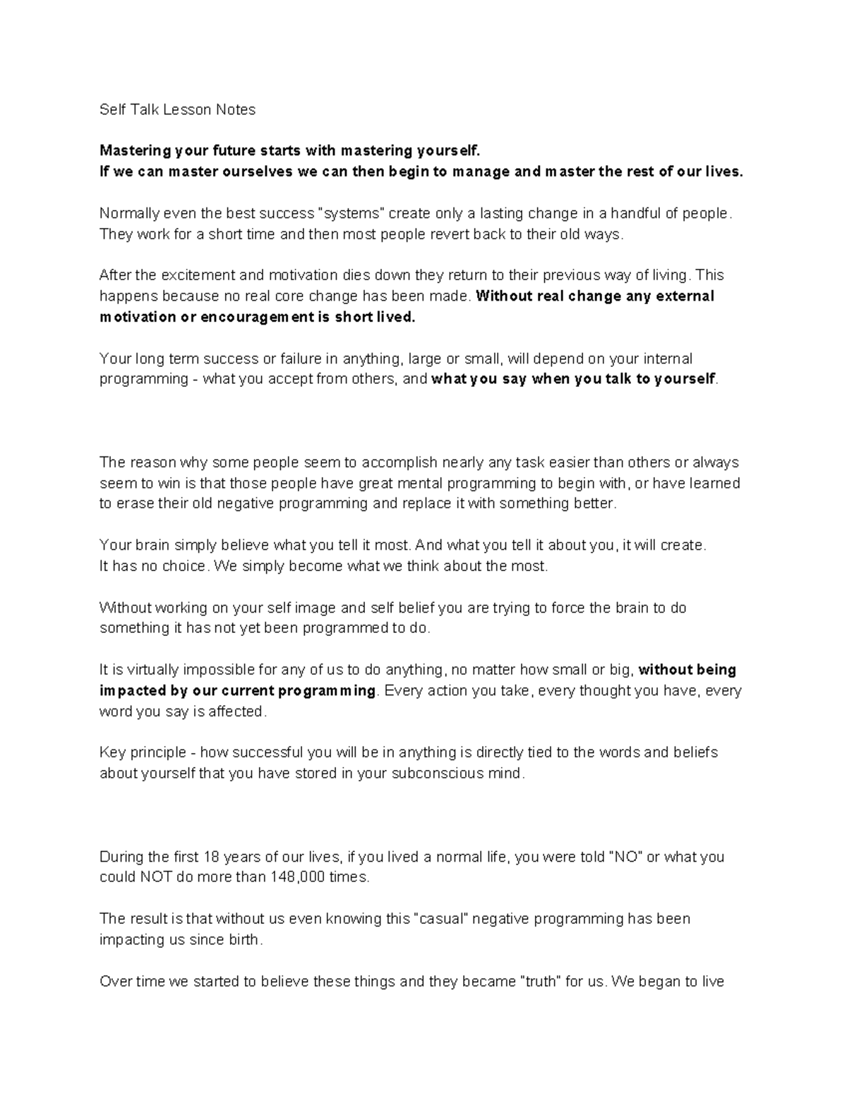 Self Talk Notes - Self Talk Lesson Notes Mastering your future starts ...