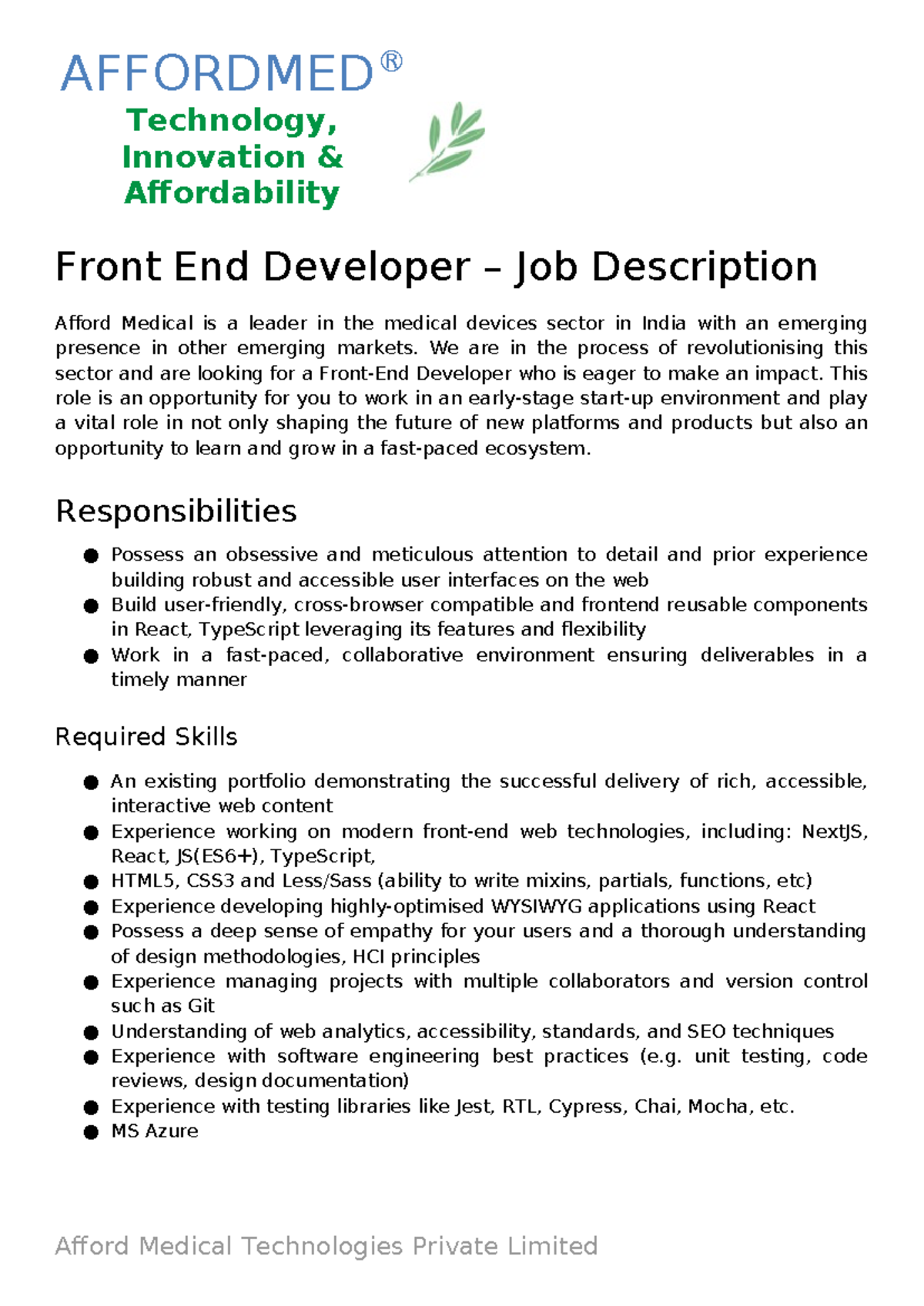 Frontend Developer JD - Zfsf - AFFORDMED ® Technology, Innovation & Affordability Front End ...