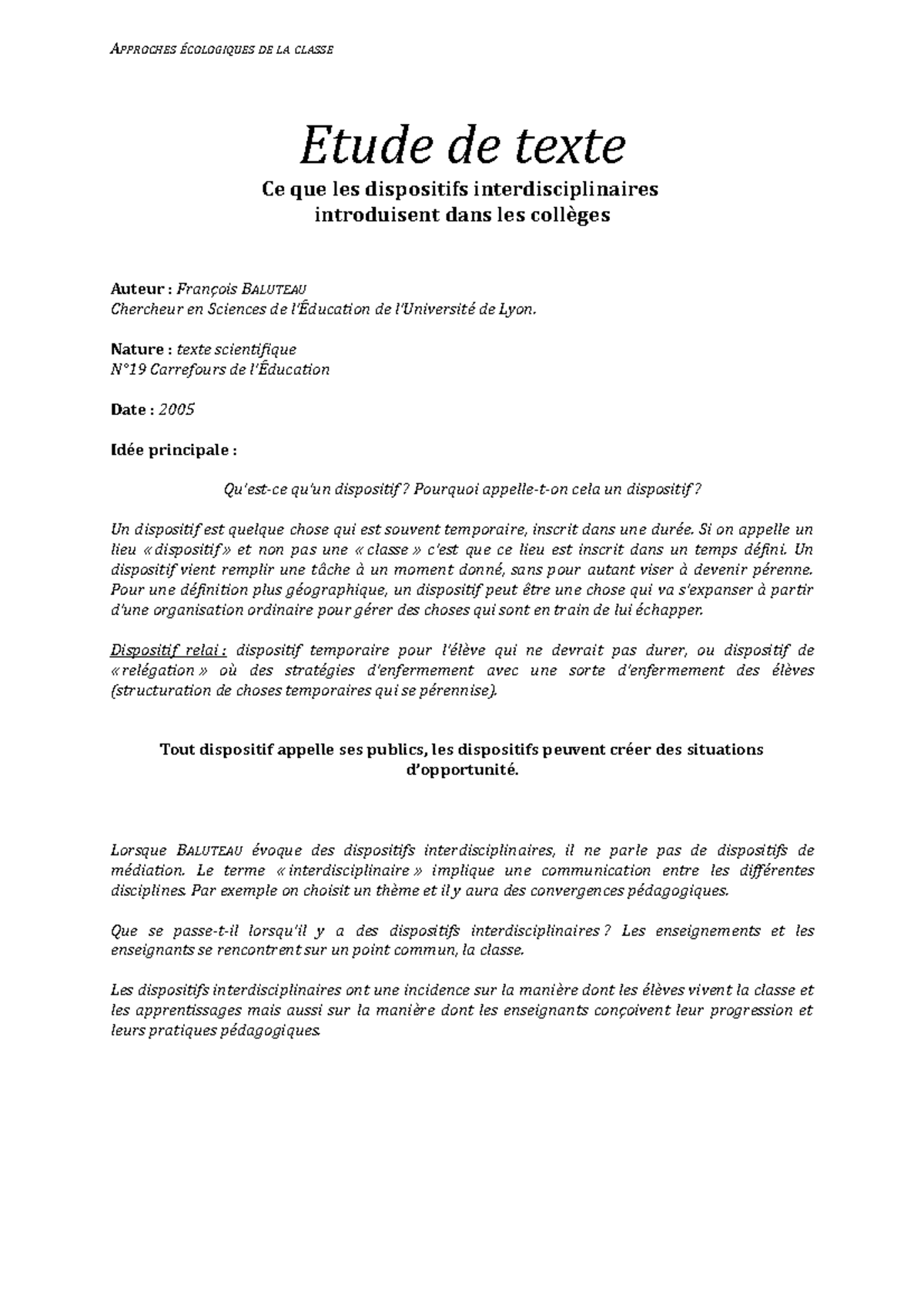 3 - Etude de texte, Baluteau - APPROCHES DE LA CLASSE Etude de texte Ce ...