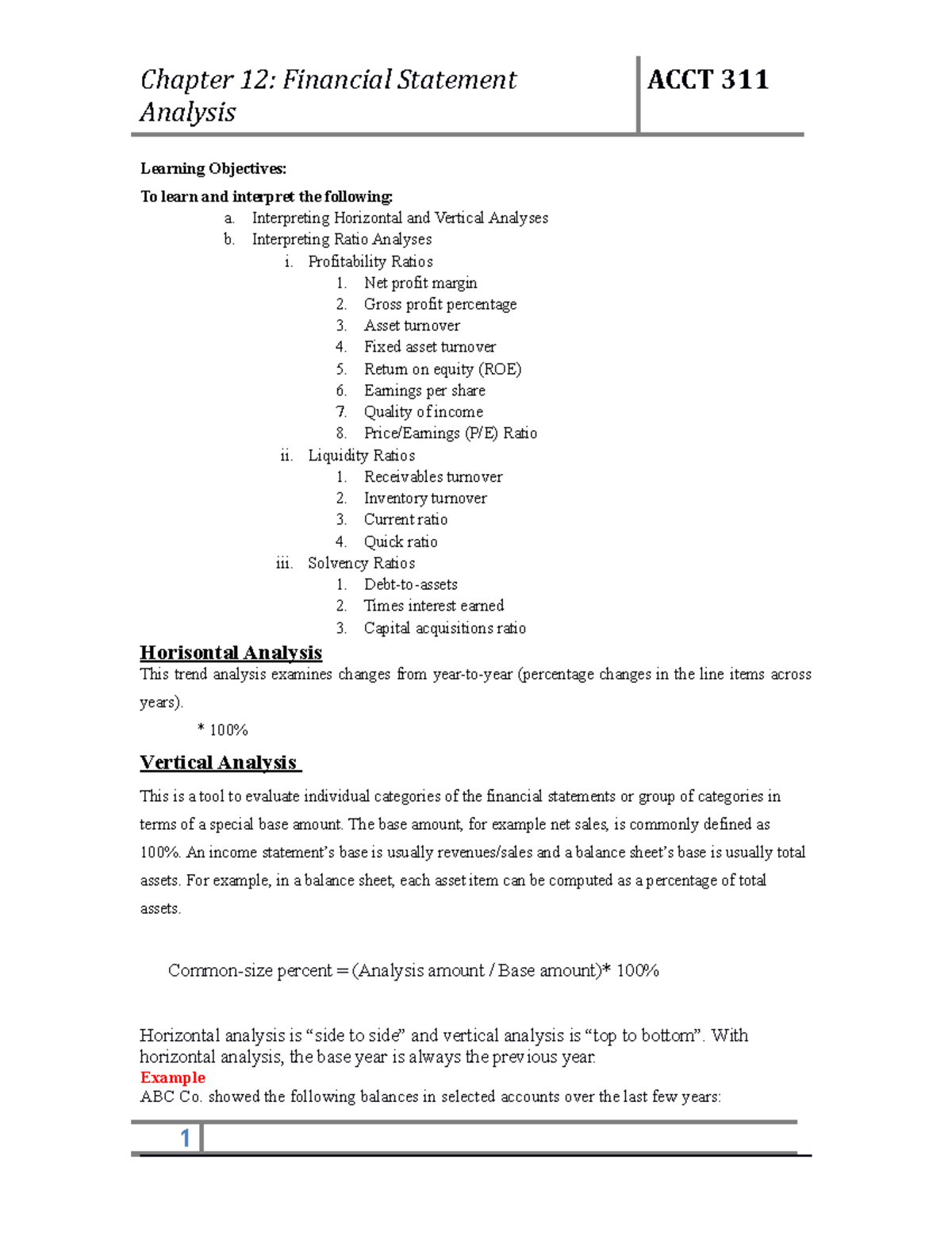 Ch13 - Good - Chapter 12: Financial Statement Analysis ACCT 311 ...