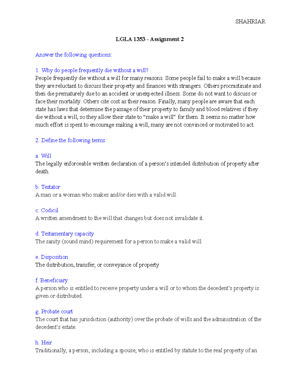 LGLA 1353 - Assignment 2 - SHAHRIAR LGLA 1353 - Assignment 2 Answer the following questions: Why ...