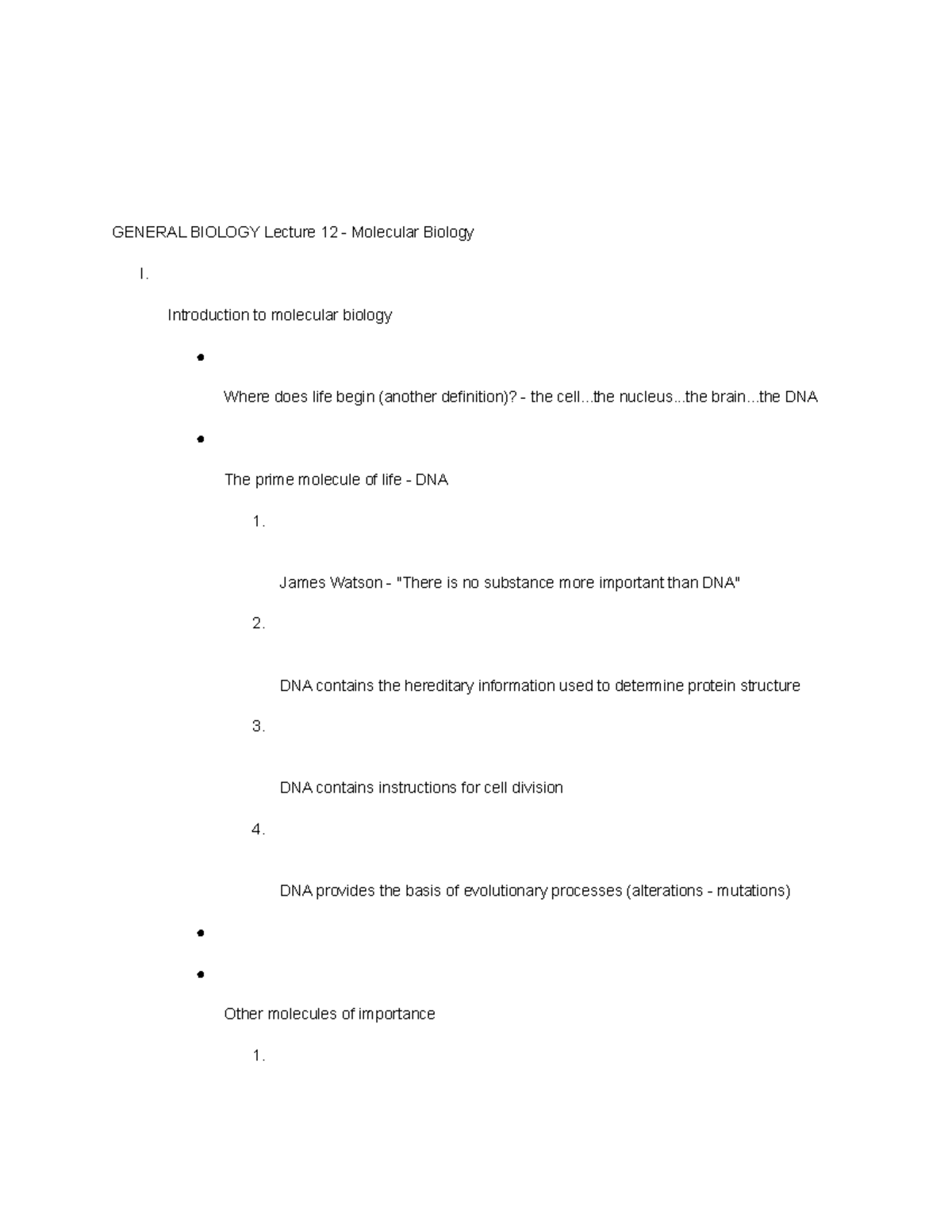 Bio - Bio. lecture notes - GENERAL BIOLOGY Lecture 12 - Molecular ...