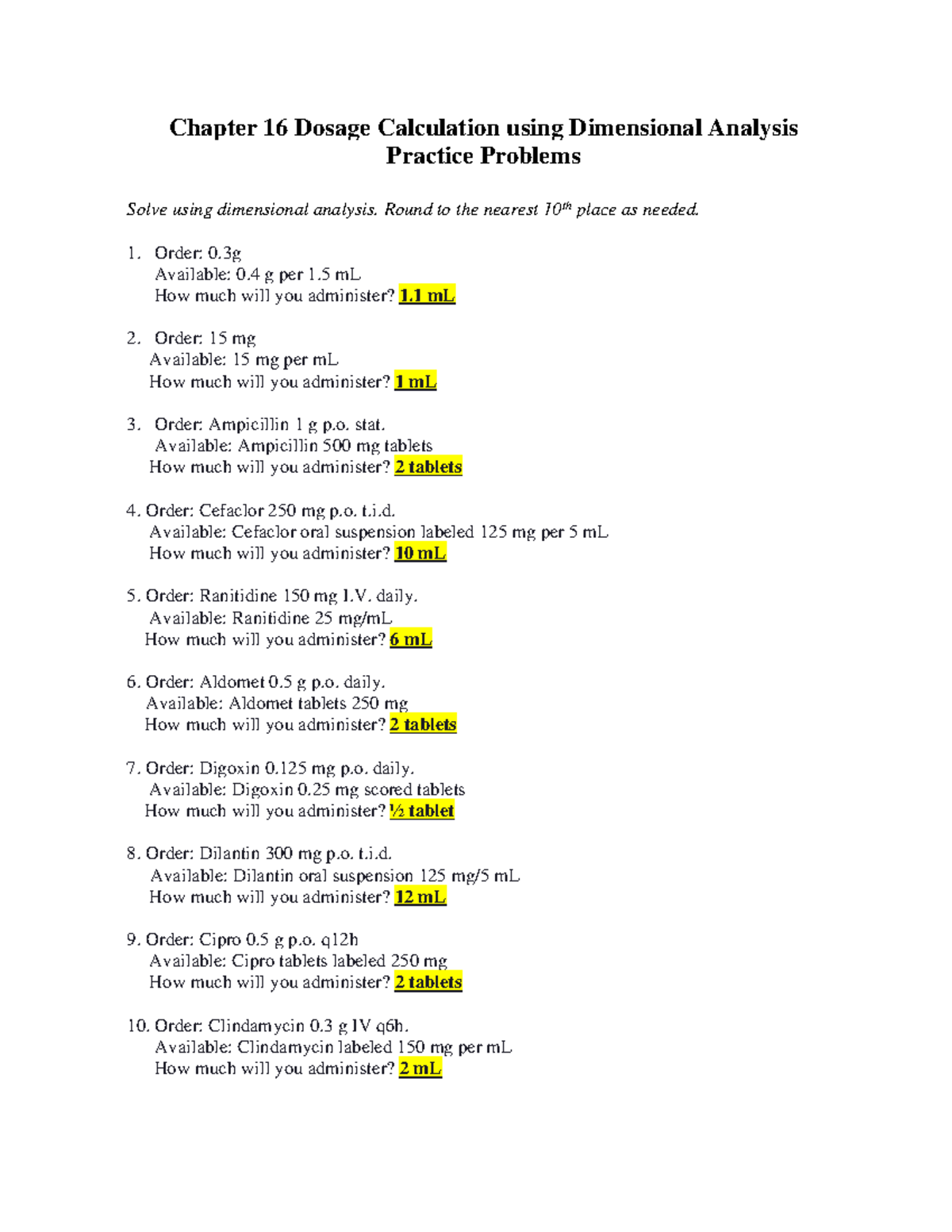 Chapter 16 Dosage Calculation Practice Problems - KEY - Chapter 16 ...