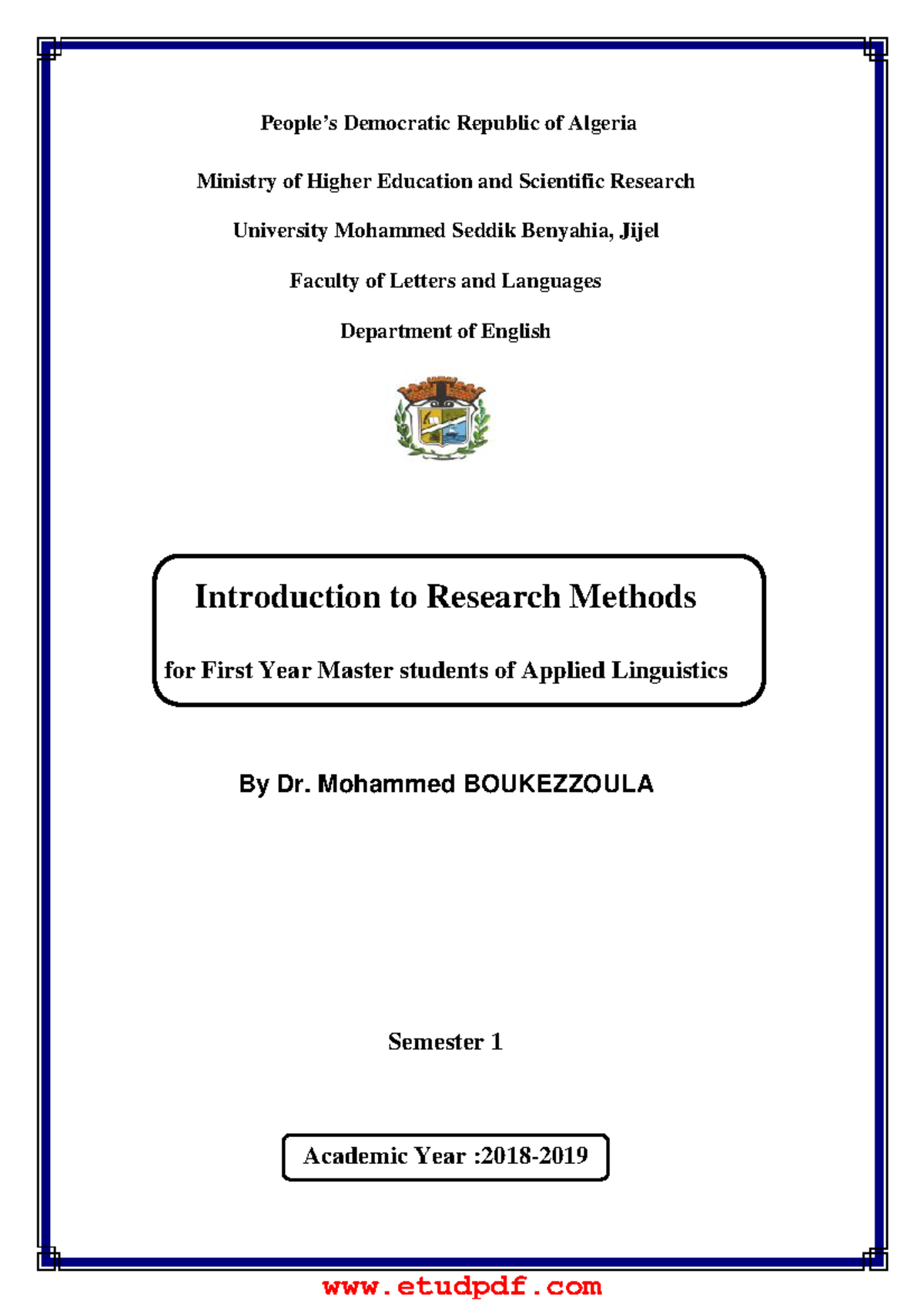 Research Methods - Cours - People’s Democratic Republic of Algeria ...