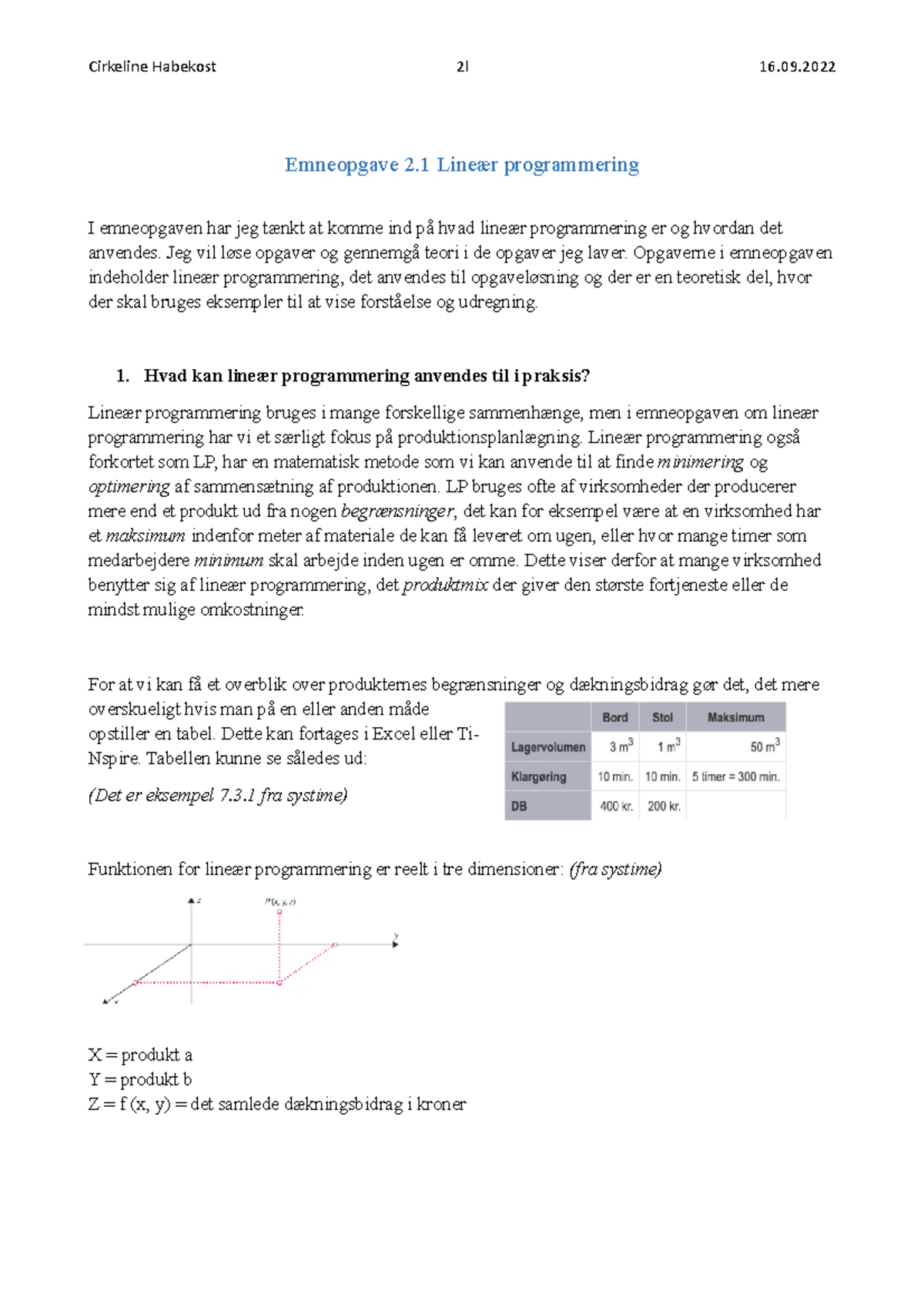 Emneopgave 2.1 LP - Emneopgave 2 Lineær programmering I emneopgaven har ...