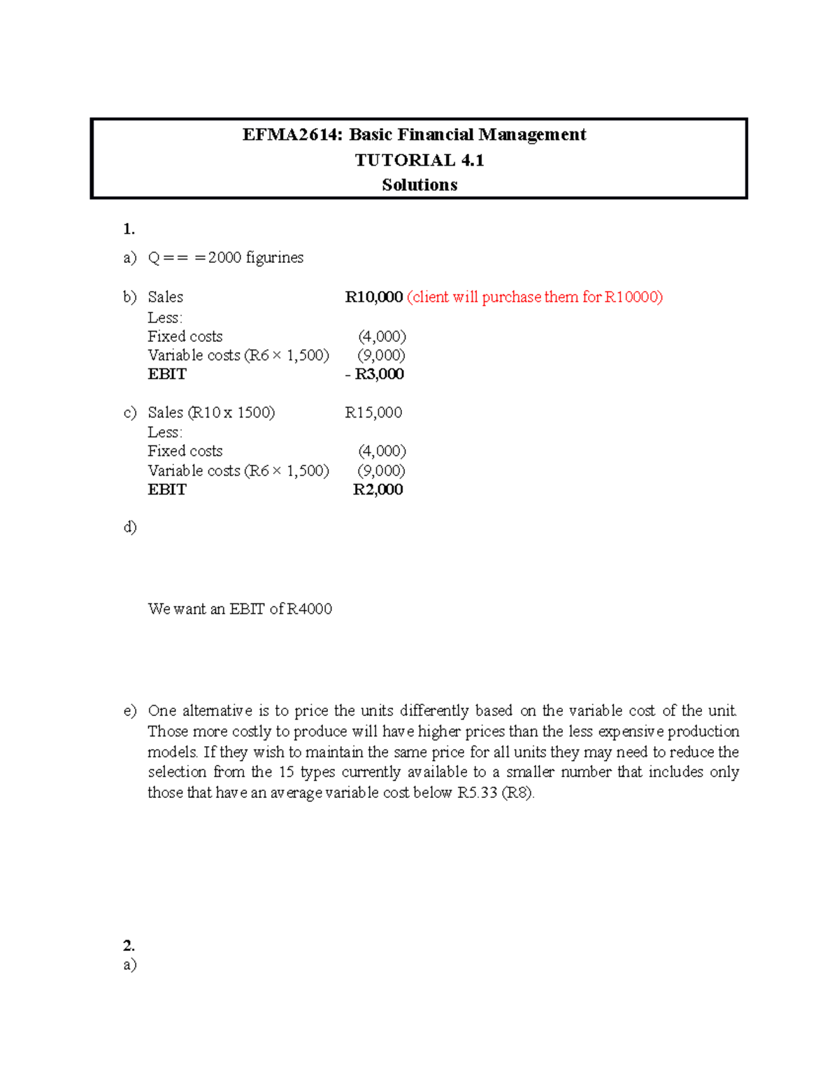 Tutorial 4.1 Solutions - EFMA2614: Basic Financial Management TUTORIAL ...