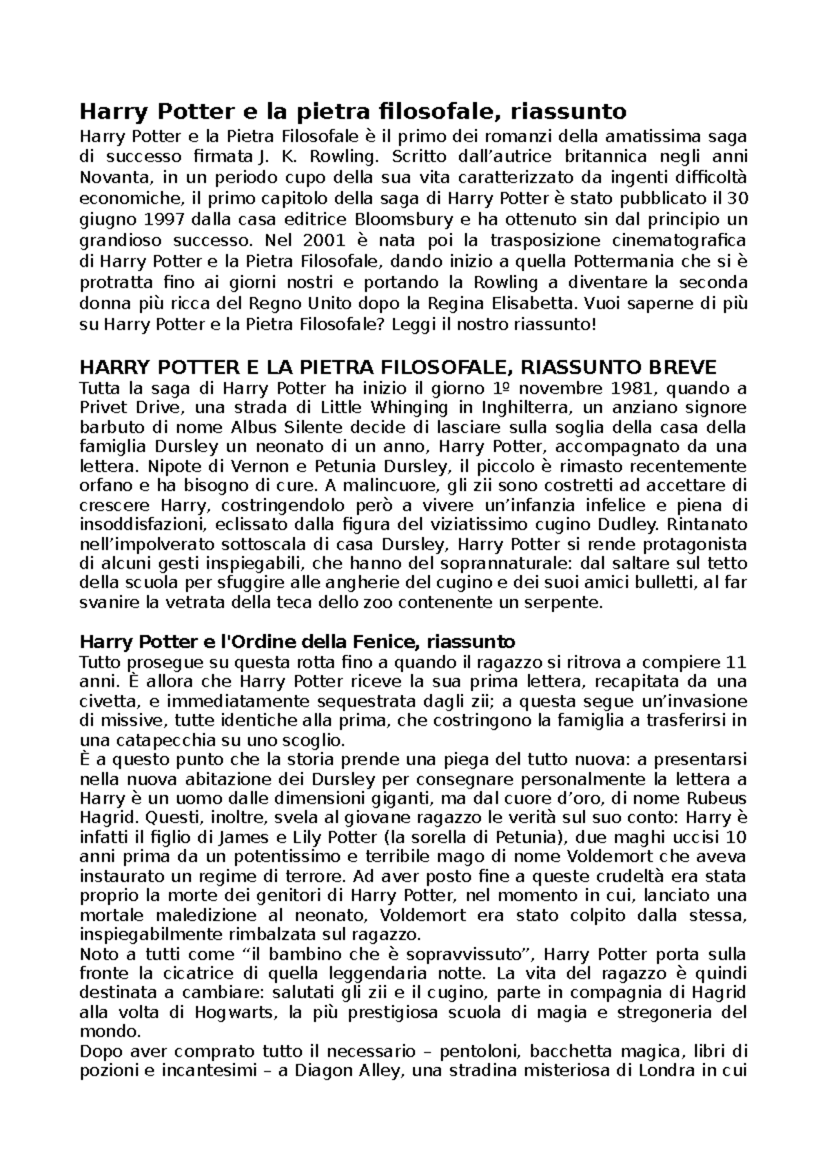 Harry Potter - Riassunto del libro - Harry Potter e la pietra ...