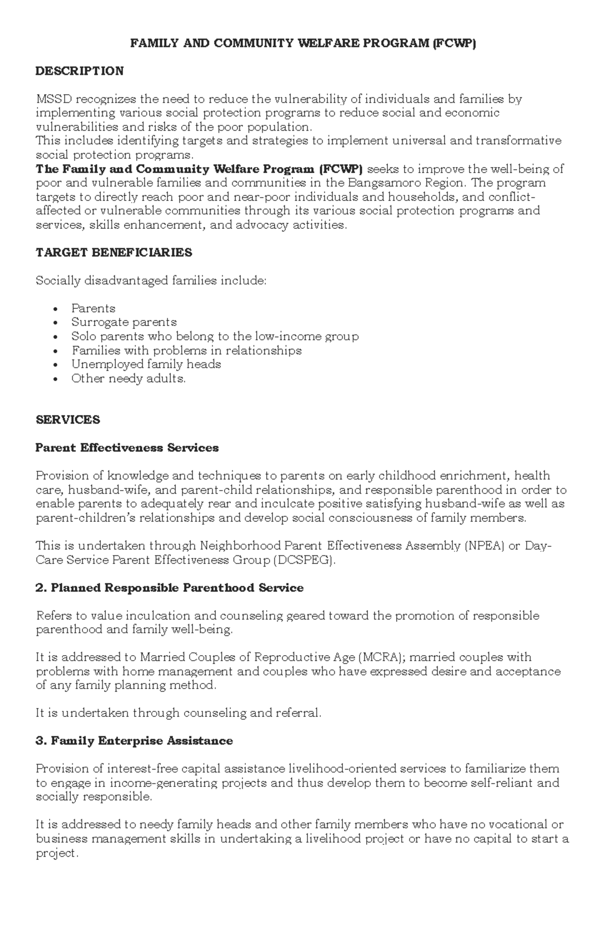 CA 1- Family AND Community Welfare Program - FAMILY AND COMMUNITY ...