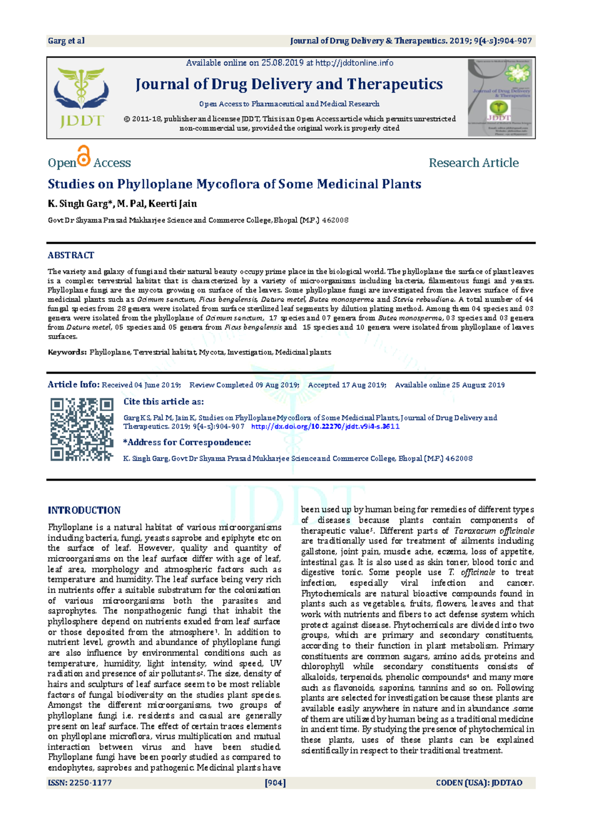 Studies on Phylloplane Mycoflora of Some Medicinal Plants - Available ...