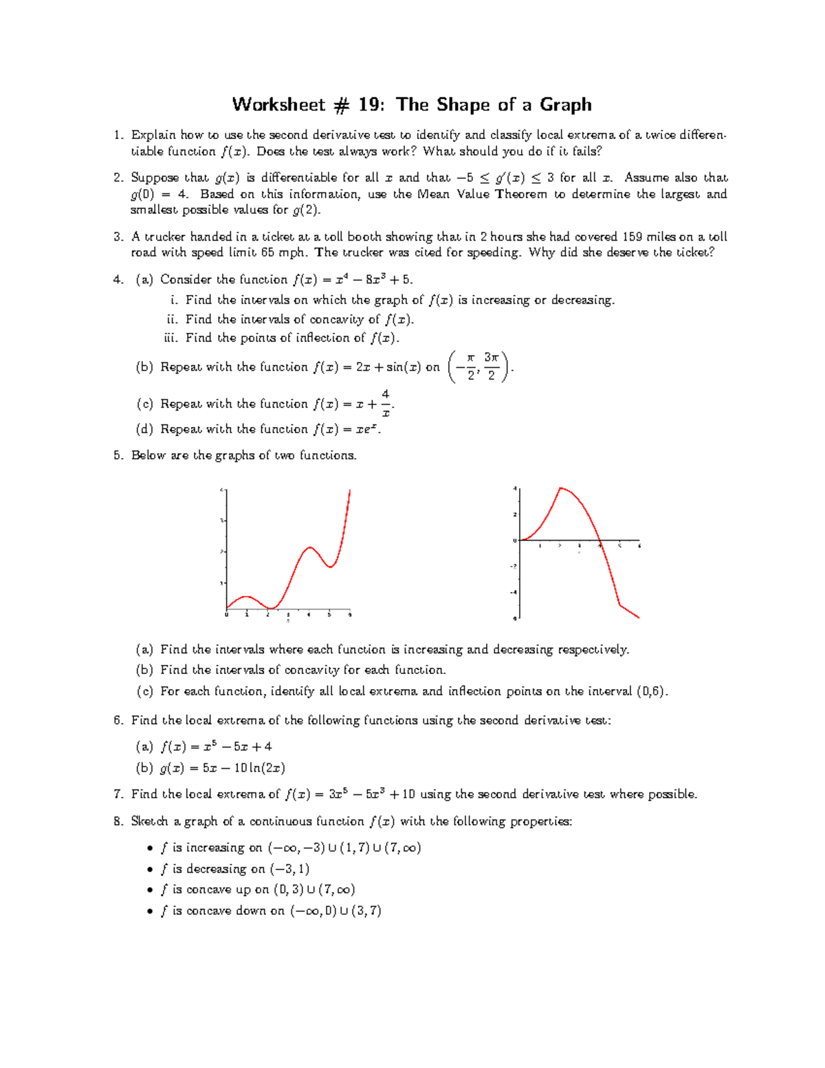 Worksheet Curve Sketching - Worksheet # 19: The Shape of a Graph ...