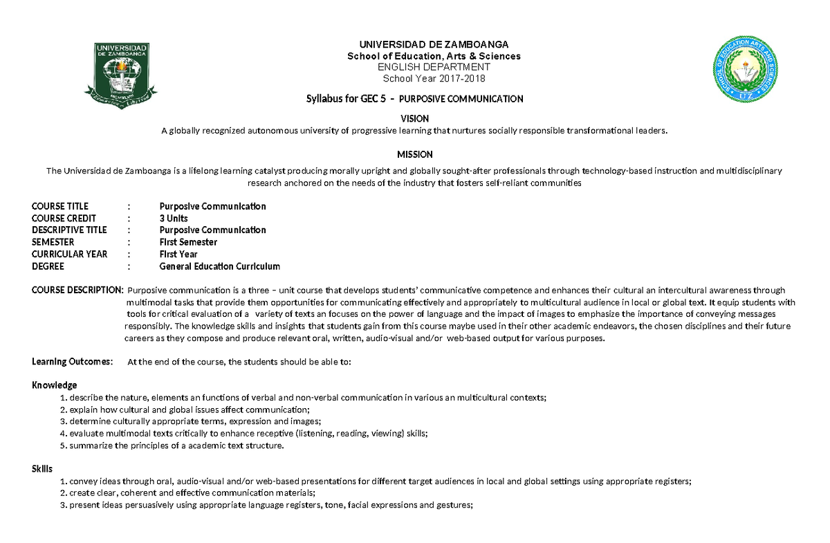 GEC 5 ( Purposive Communication) - Syllabus for GEC 5 - PURPOSIVE ...