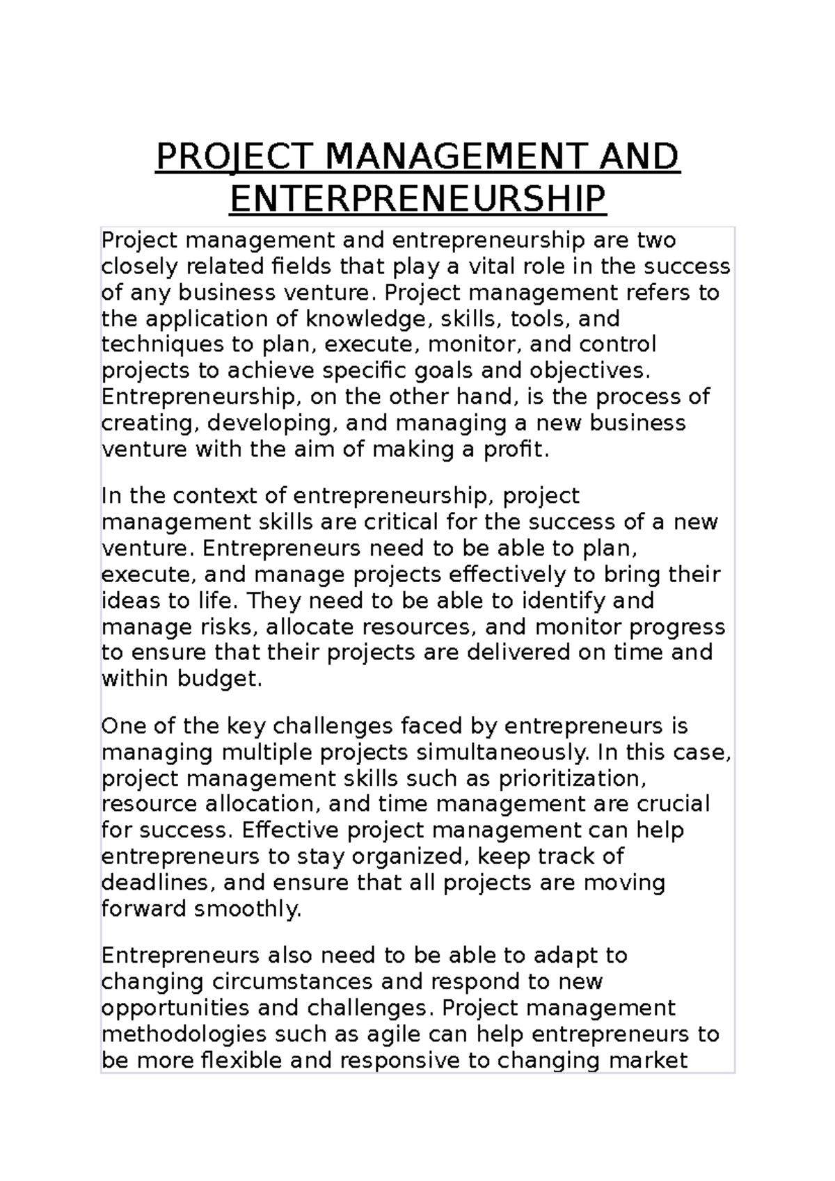 Project Management AND Enterpreneurship - PROJECT MANAGEMENT AND ...