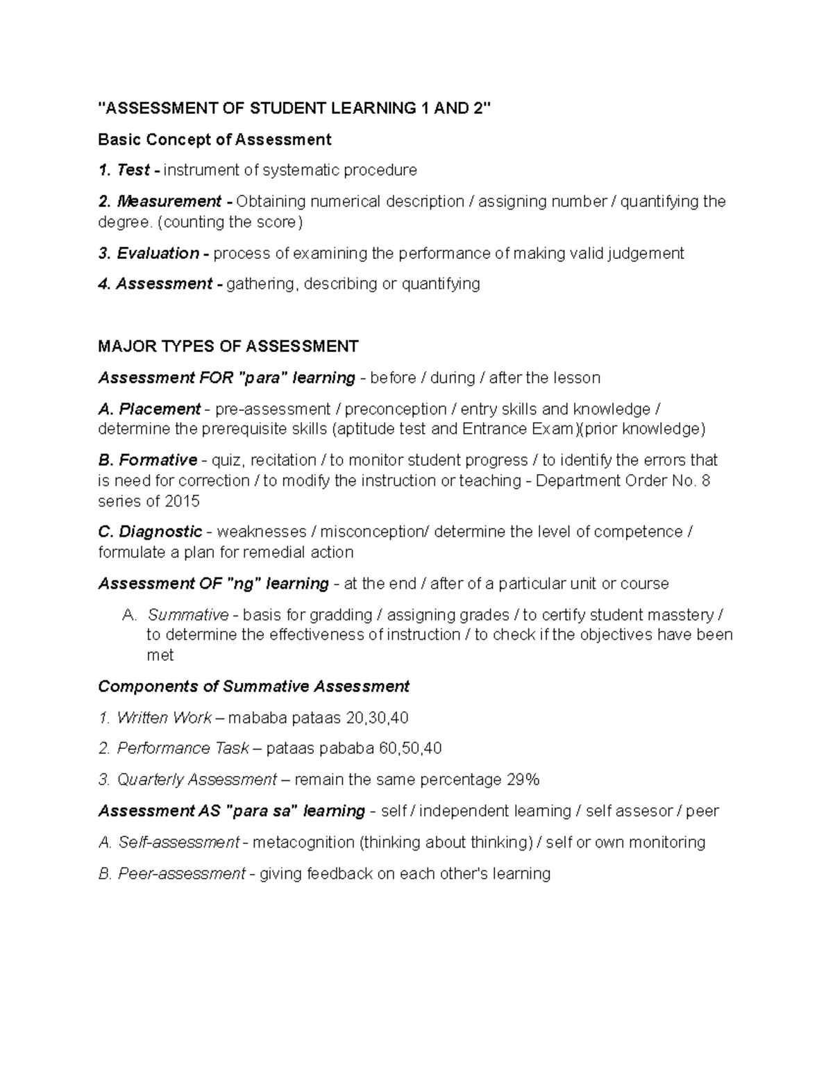 Assessment OF Student Learning - "ASSESSMENT OF STUDENT LEARNING 1 AND ...
