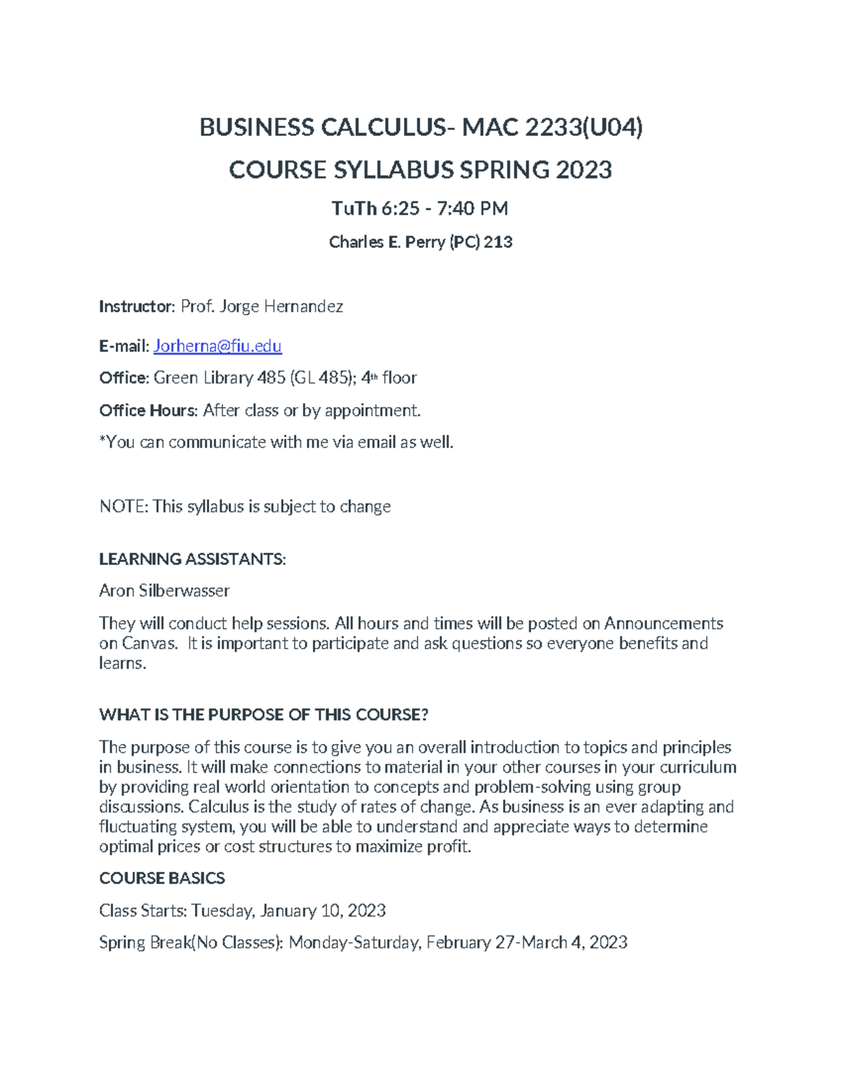 MAC2233 Syllabus FIU Fall 2023 - BUSINESS CALCULUS- MAC 2233(U04 ...