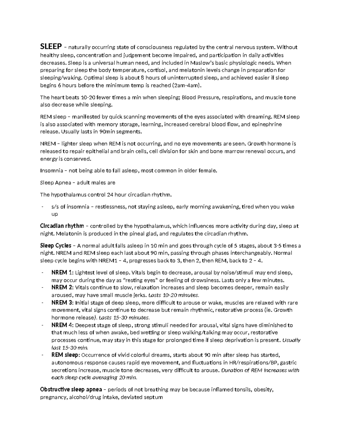 NUR1023 Sleep notes - SLEEP – naturally occurring state of ...