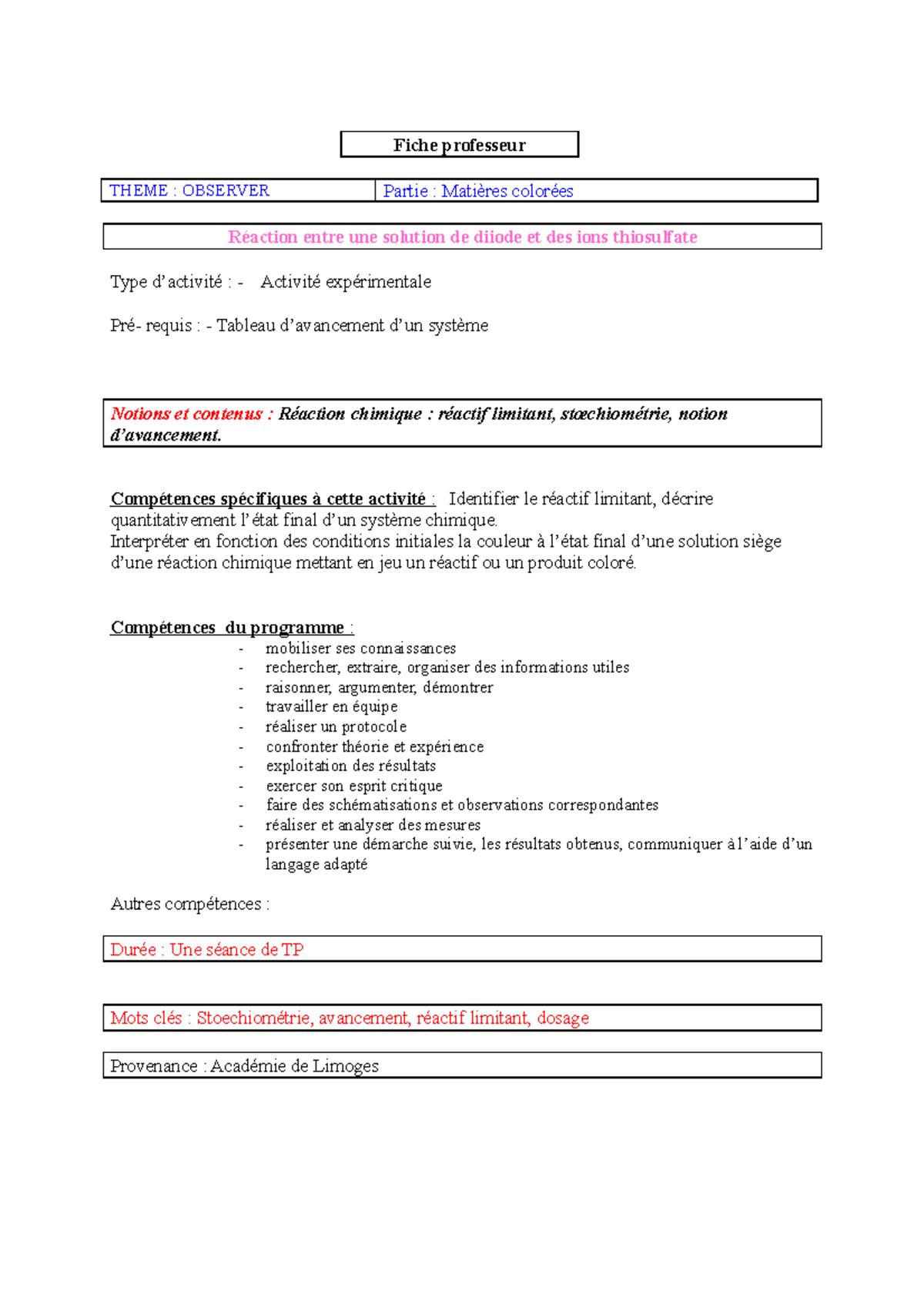 Reaction entre une solution de diiode et des ions thiosulfate 2 - Fiche ...