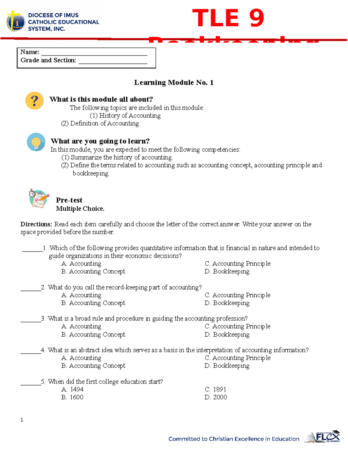 Module 1 - Bookkeeping 9 - Name: _______________________________ Grade ...