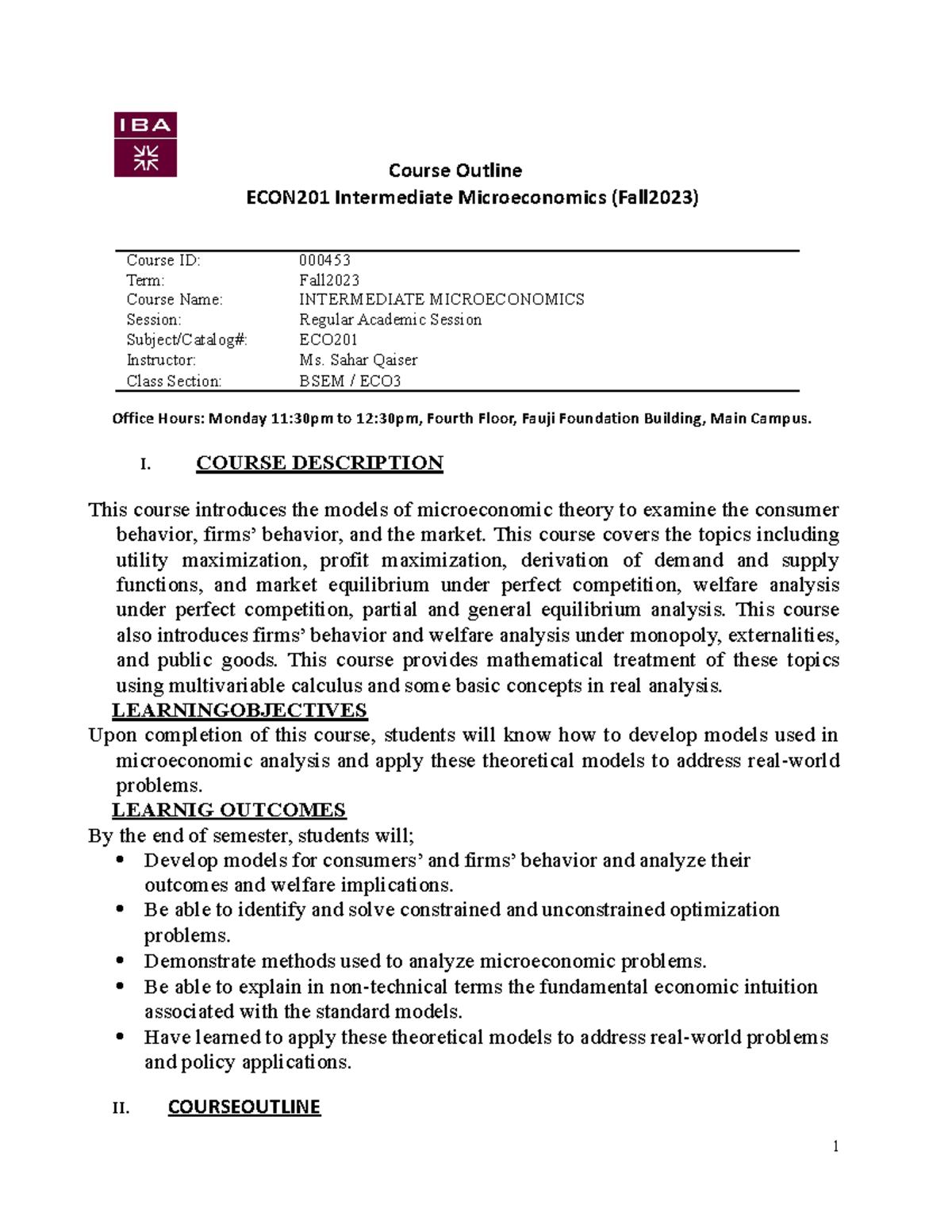ECO201 Intermediate Microeconomics Ms. Sahar Qaiser 1 - 1 Course ...