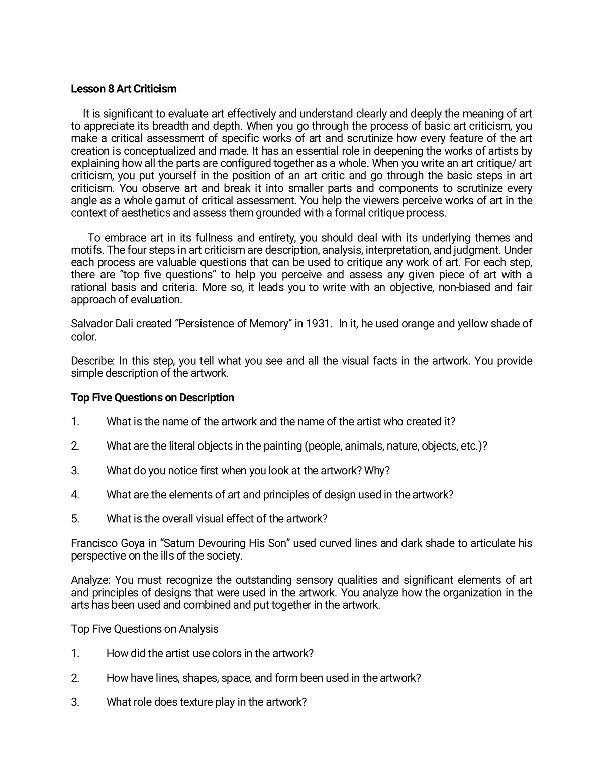 Lesson 8 Art Criticism - Lesson 8 Art Criticism It is significant to ...