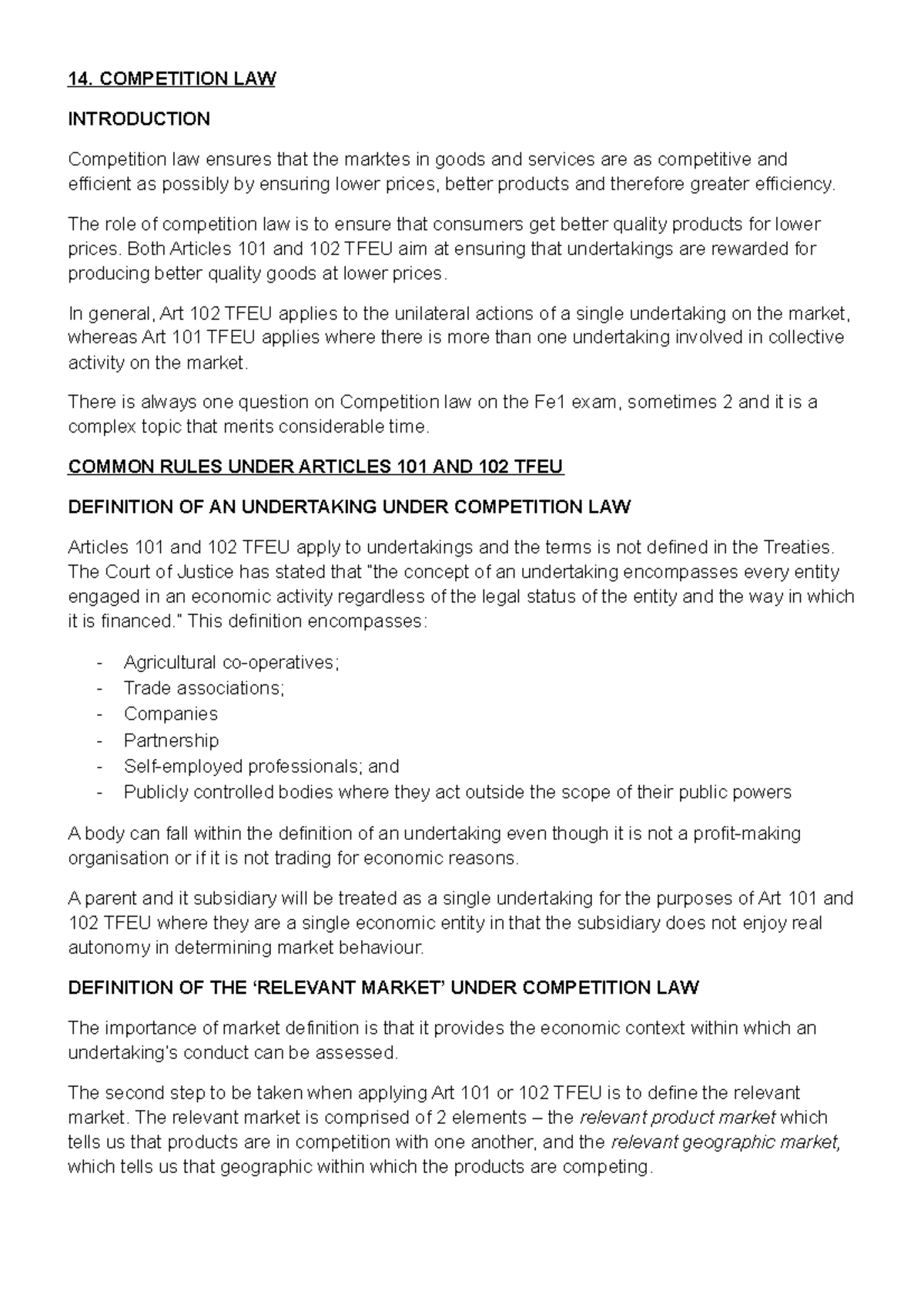14 Competition Law - concise notes - 14. COMPETITION LAW INTRODUCTION ...
