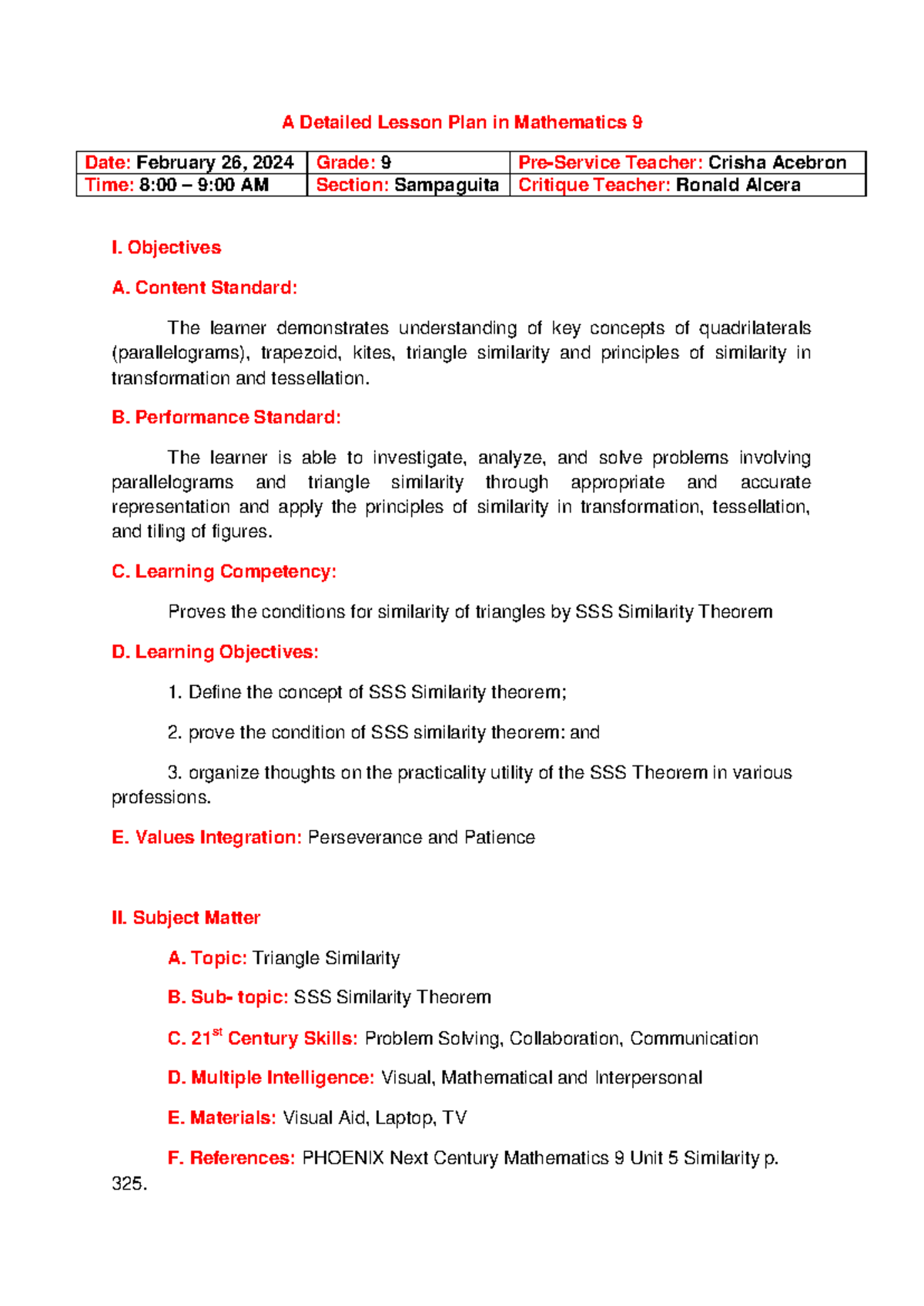 SSS Similarity Theorem - A Detailed Lesson Plan in Mathematics 9 Date ...