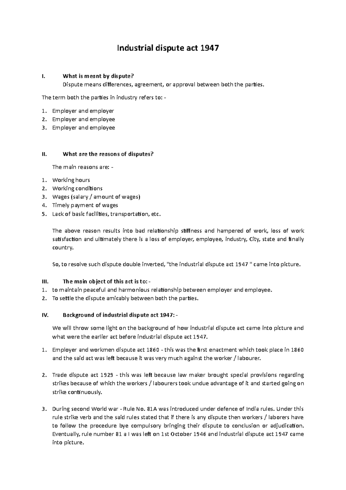 Labour Law notes docx - Industrial dispute act 1947 I. What is meant by ...