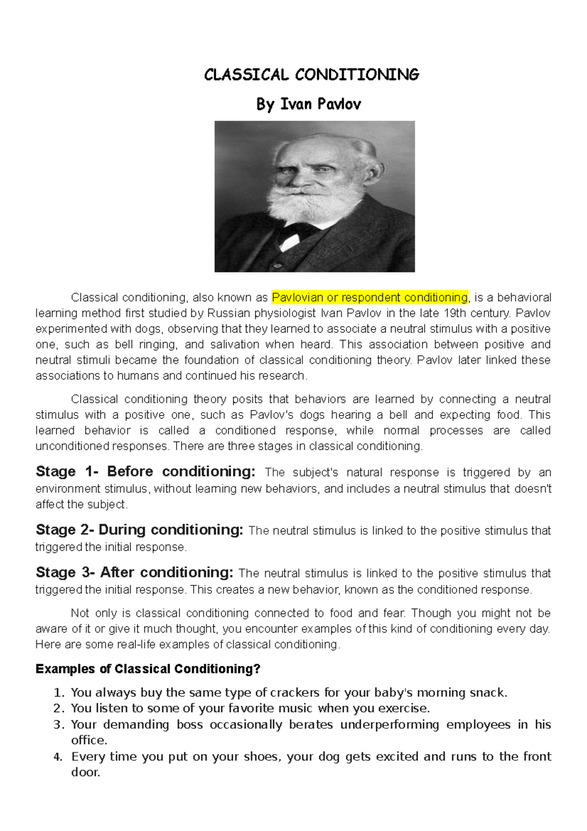 Classical conditioning - CLASSICAL CONDITIONING By Ivan Pavlov ...