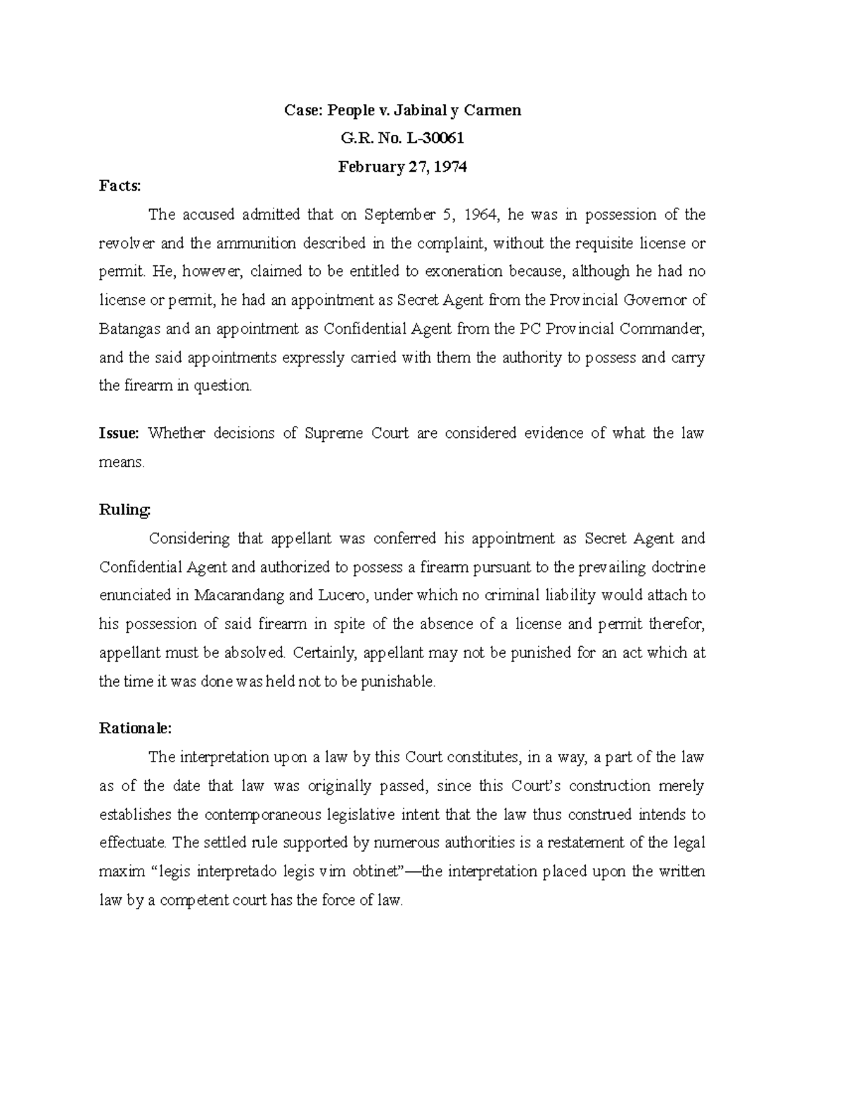 Stat Con 5 - Lecture Notes - Case: People v. Jabinal y Carmen G. No. L ...